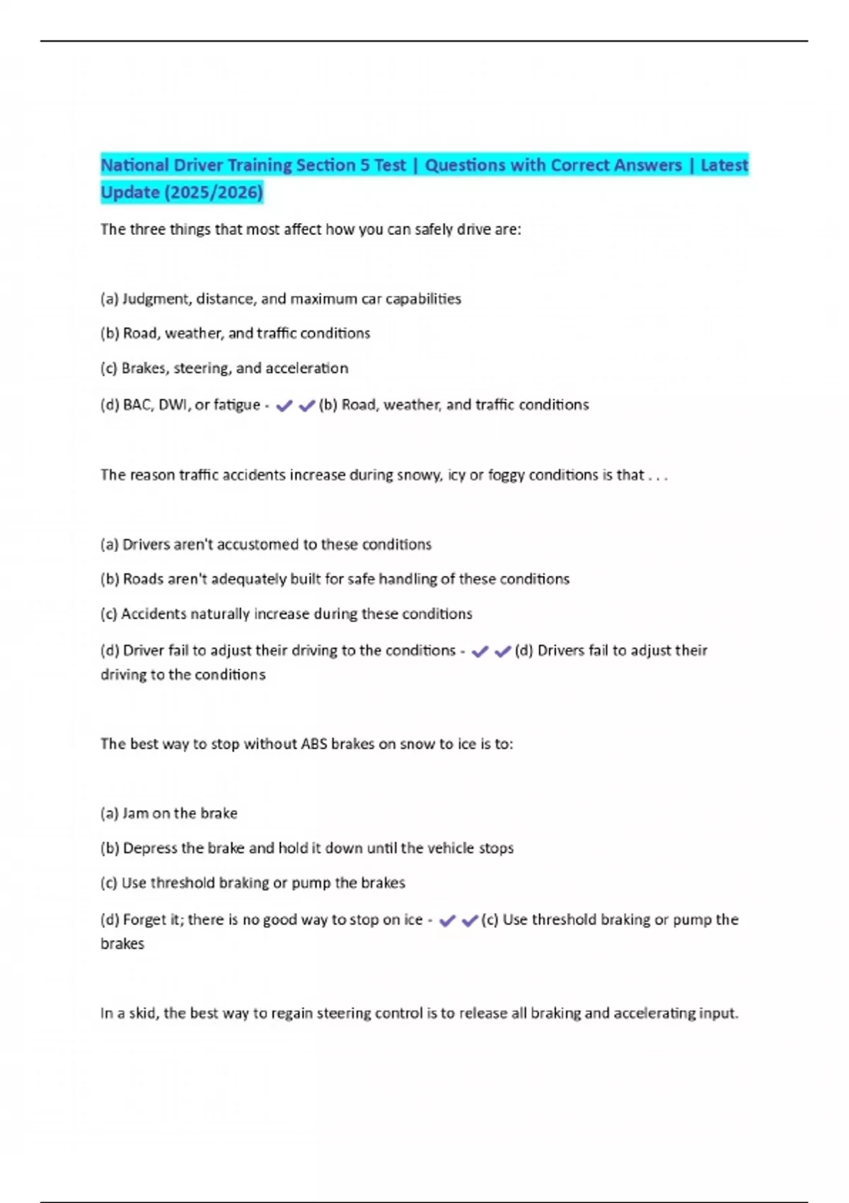 National Driver Training Section 5 Test | Questions with Correct ...