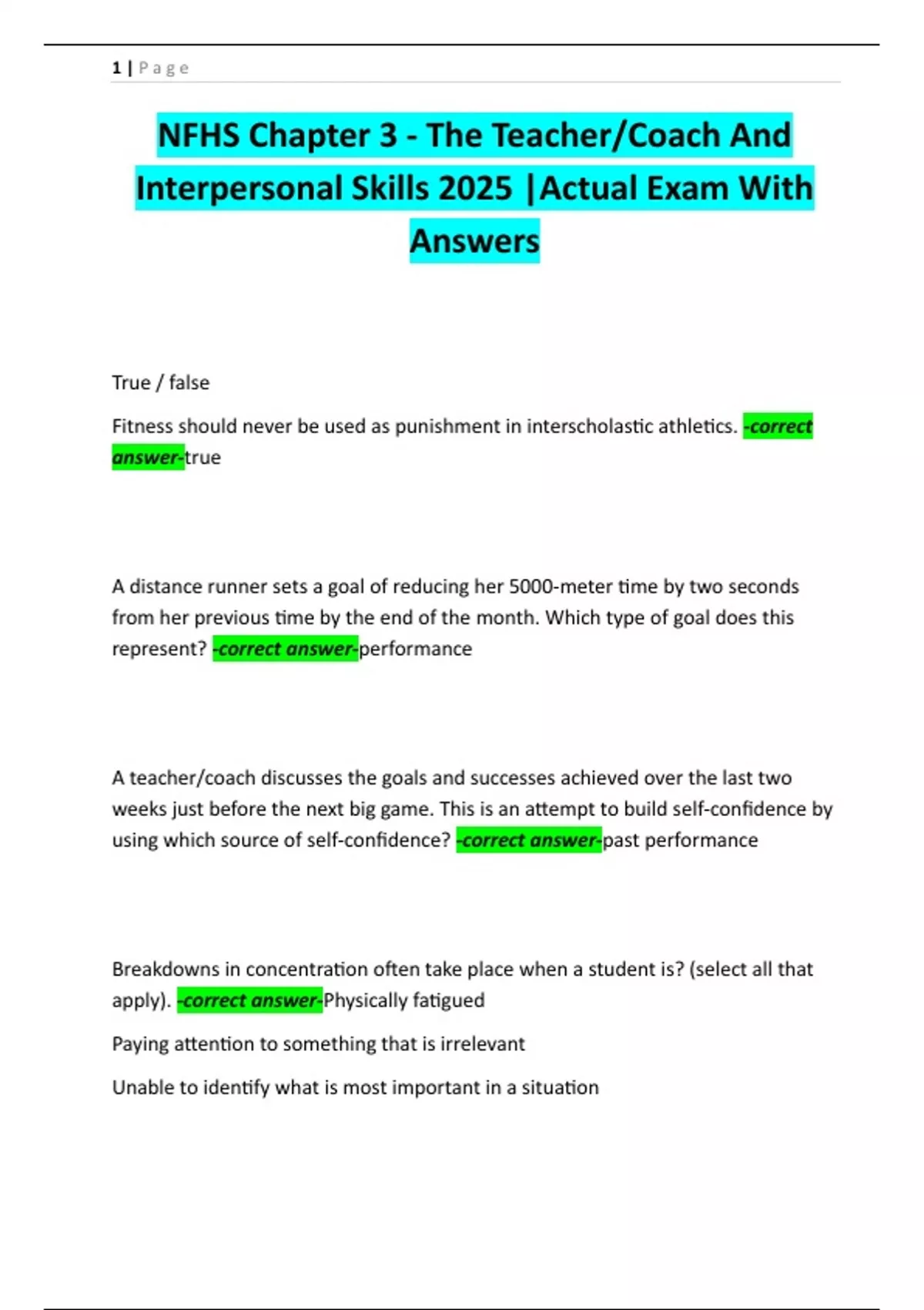 NFHS Chapter 3 - The Teacher/Coach And Interpersonal Skills 2025 |Actual Exam With Answers ...