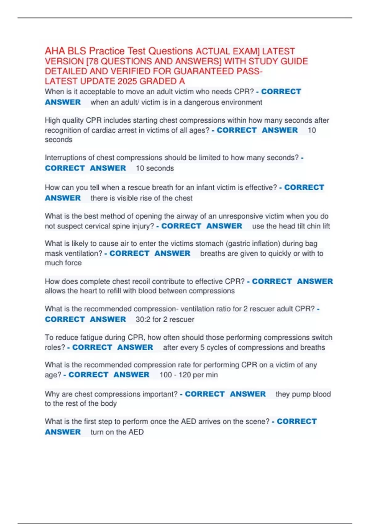 AHA BLS Practice Test Questions ACTUAL EXAM] LATEST VERSION [78 ...