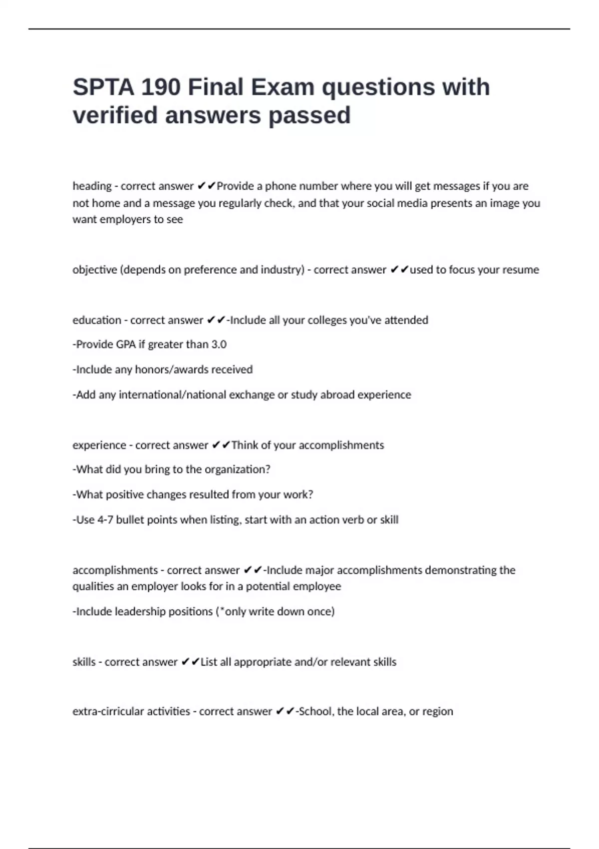 SPTA 190 Final Exam questions with verified answers passed - SPTA 190 ...