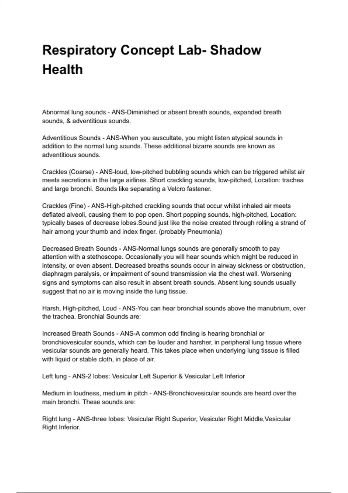 Respiratory Concept Lab- Shadow Health NEWEST 2025/2026 ACTUAL EXAM ...