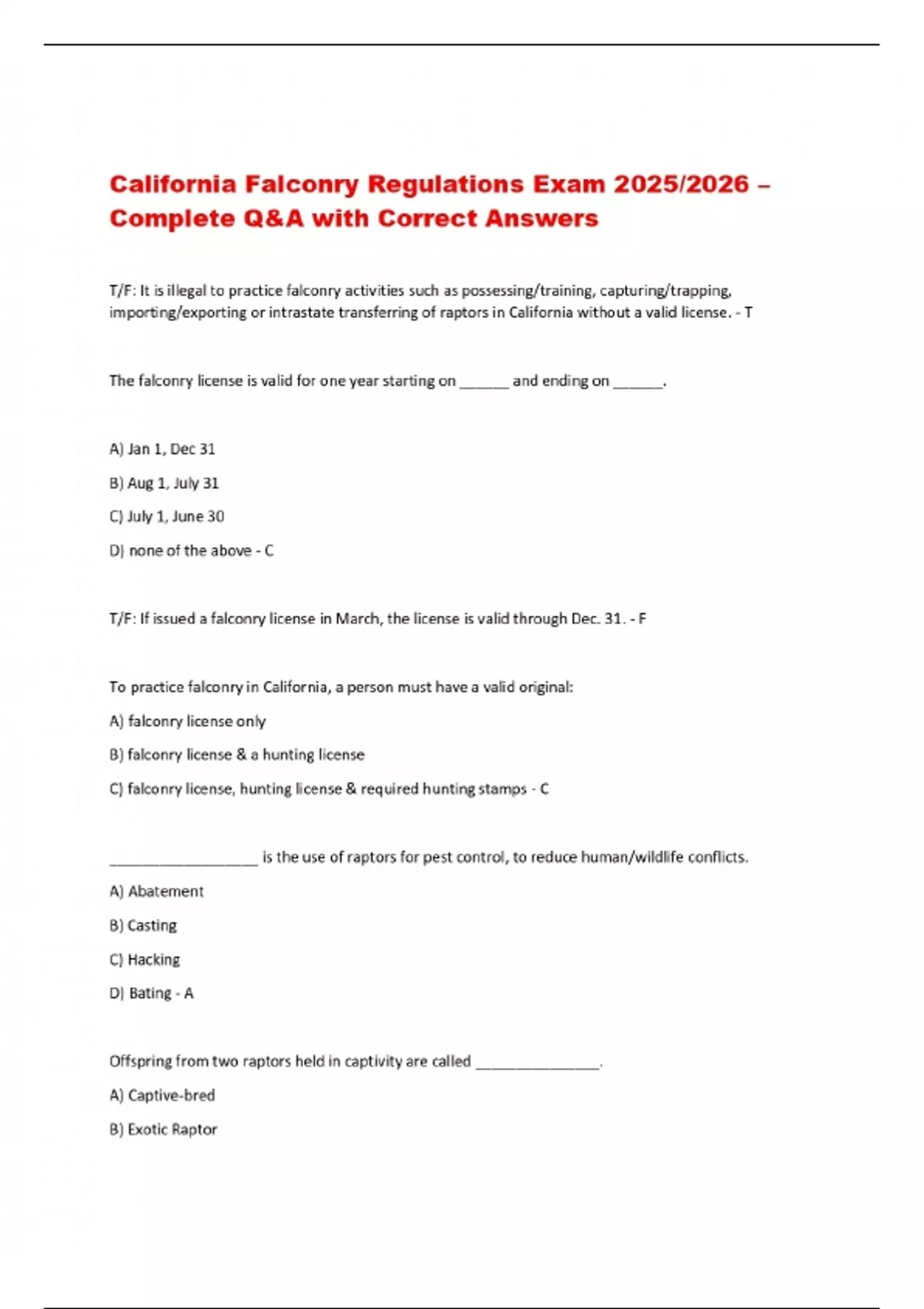 California Falconry Regulations Exam 2025/2026 – Complete Q&A with ...