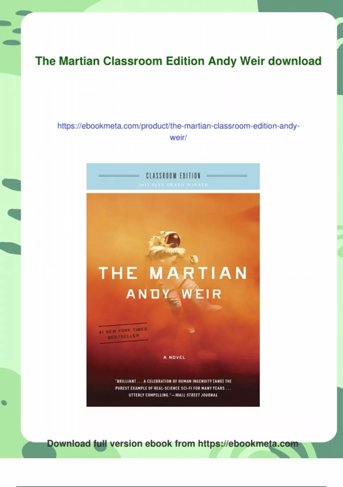 Summary The Martian Classroom Edition Andy Weir - Instant Download ...