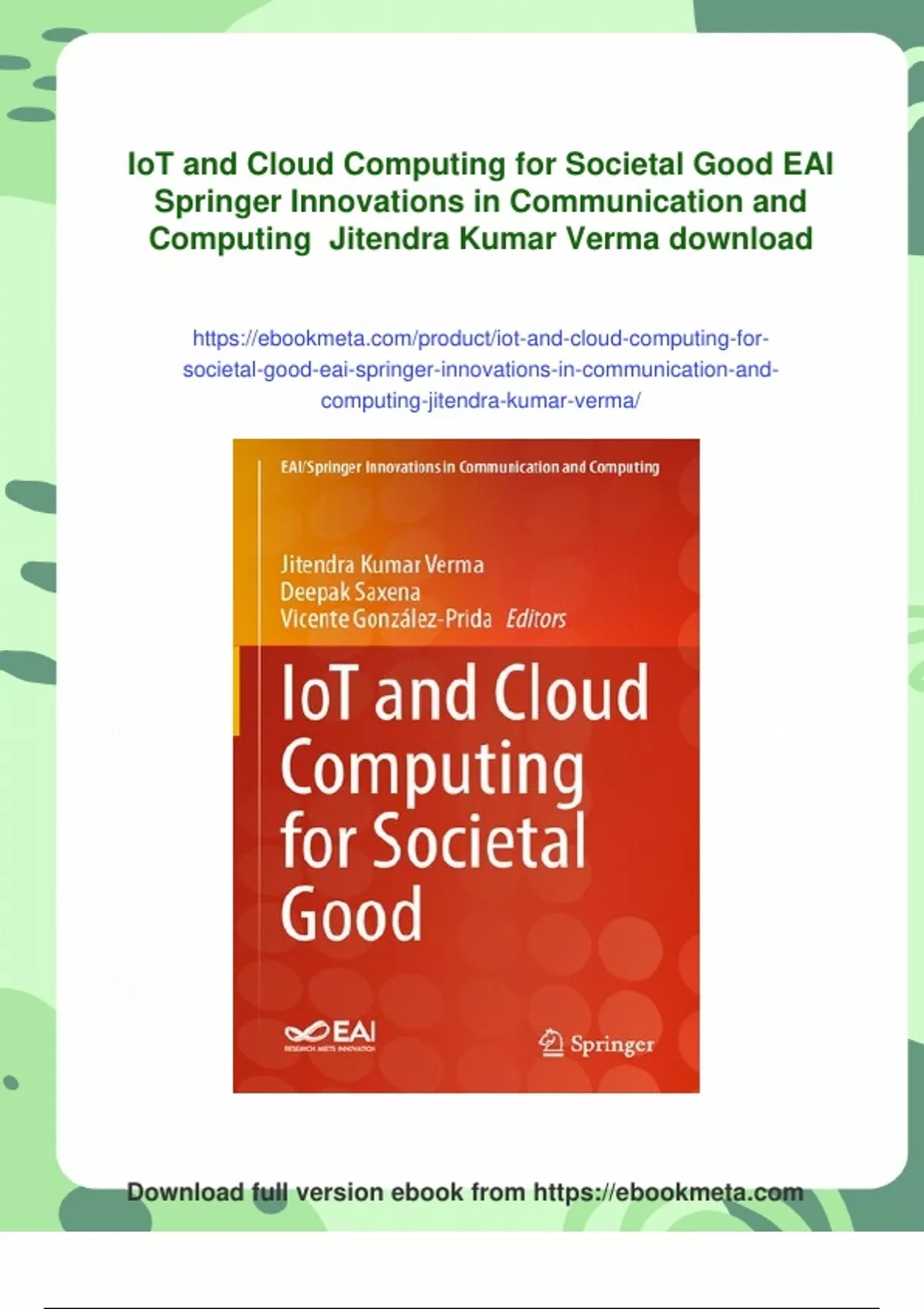 Summary IoT and Cloud Computing for Societal Good EAI Springer Innovations in Communication and ...