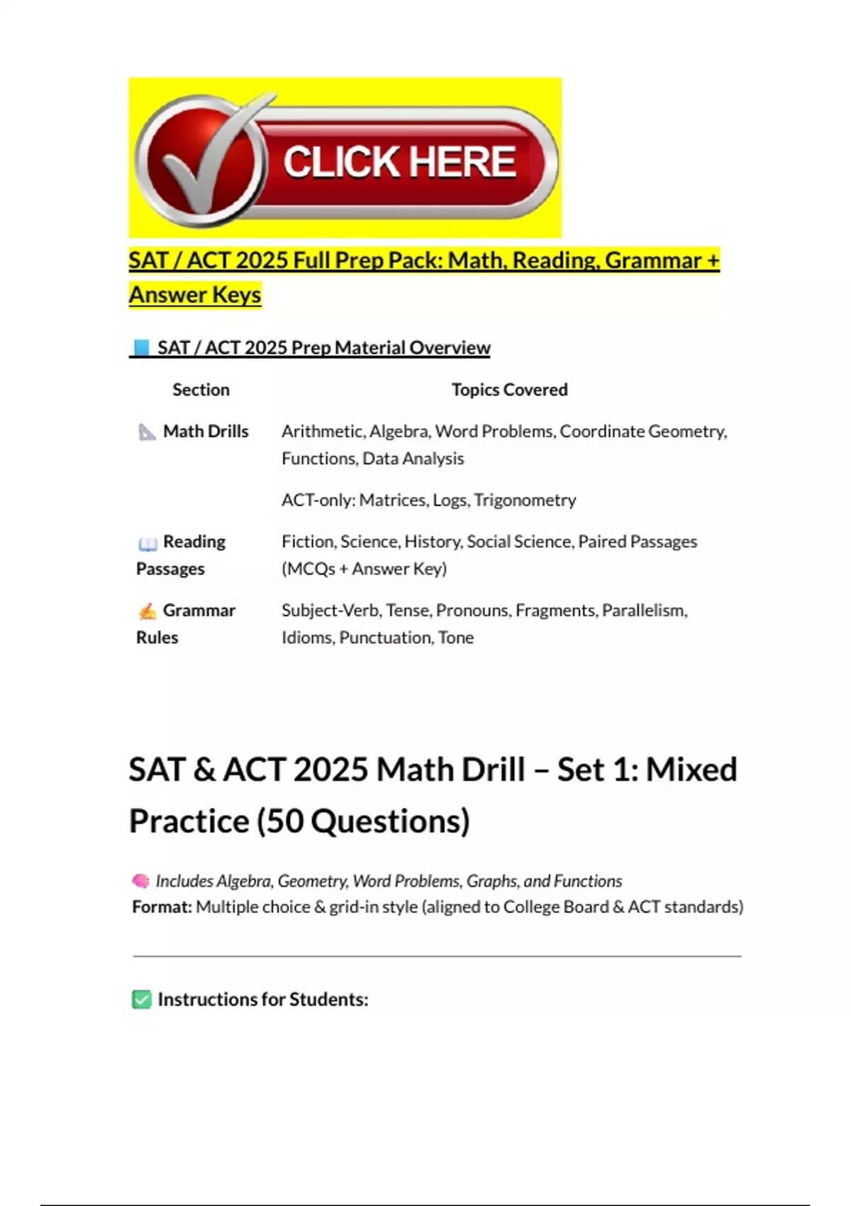 SAT & ACT 2025 Full Prep Pack | Math, Reading, Grammar Practice ...