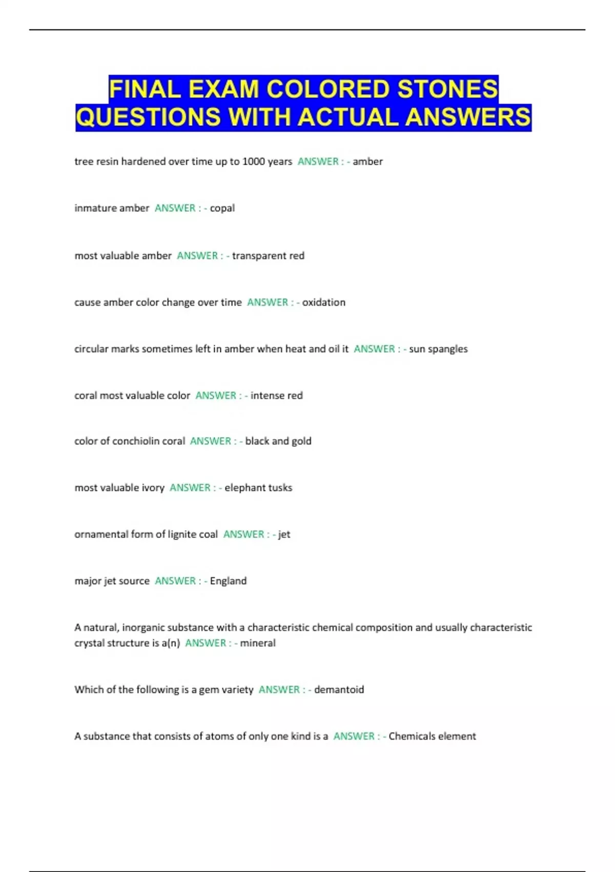 GIA Colored Stone Final Exam Package Deal COMPREHENSIVE QUESTIONS AND ...