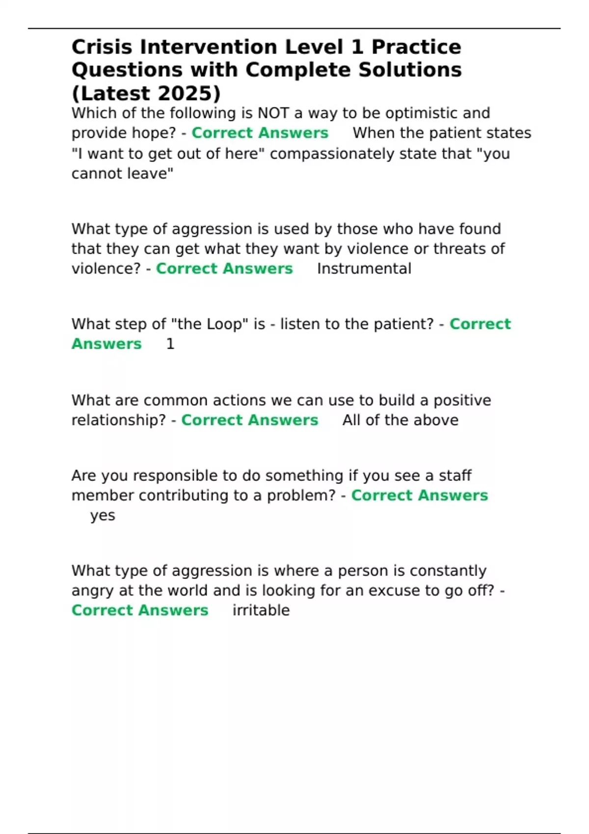 Crisis Intervention Level 1 Practice Questions with Complete Solutions ...