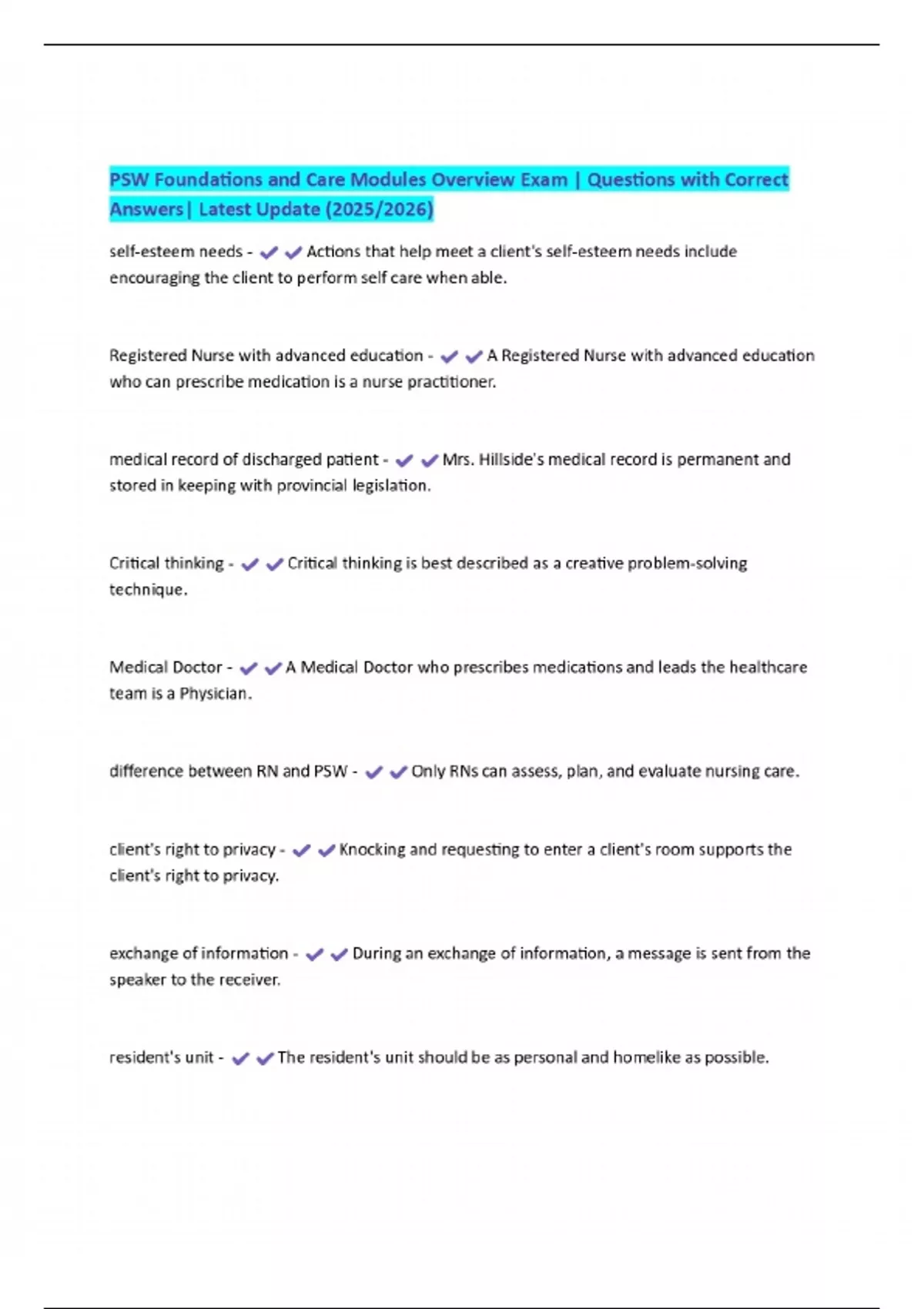 PSW Foundations and Care Modules Overview Exam | Questions with Correct ...