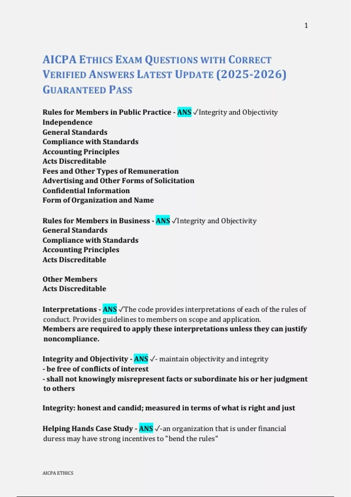 AICPA ETHICS EXAM QUESTIONS WITH CORRECT VERIFIED ANSWERS LATEST UPDATE ...