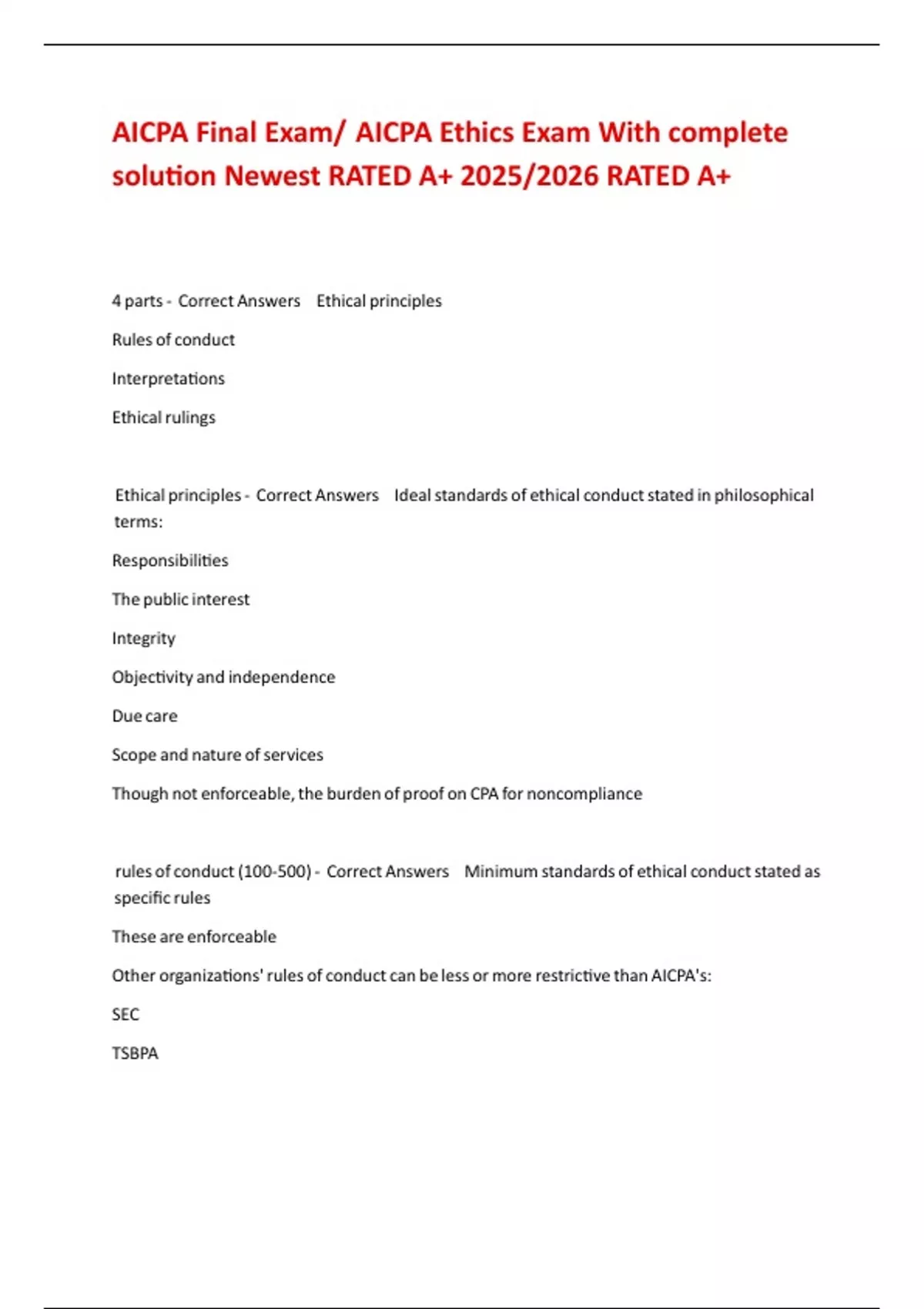 AICPA Final Exam/ AICPA Ethics Exam With complete solution Newest RATED A+ 2025/2026 RATED A+ ...