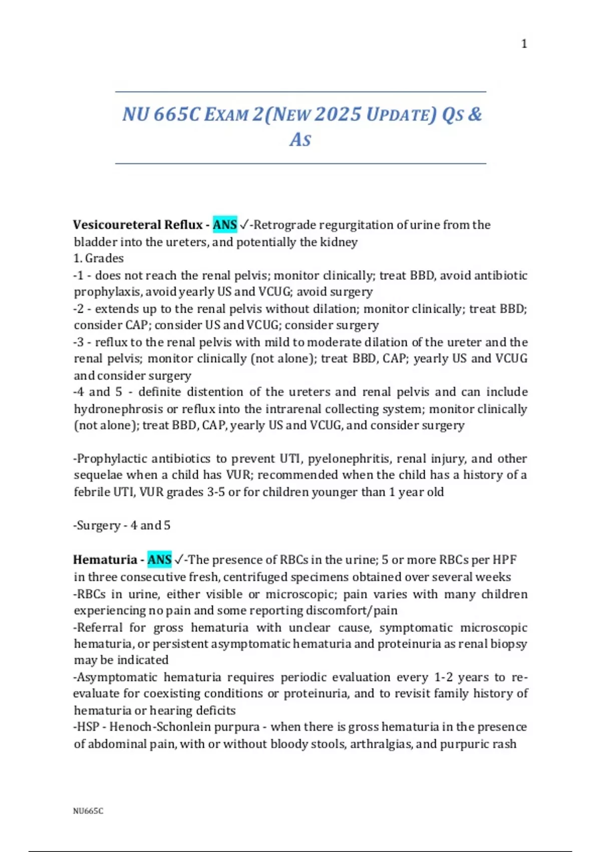 NU 665C EXAM 2(NEW 2025 UPDATE) QS & AS - NU 665C - Stuvia US