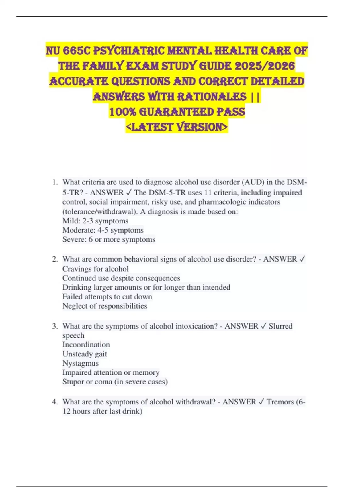 NU 665C Psychiatric Mental Health Care of the Family EXAM STUDY GUIDE ...
