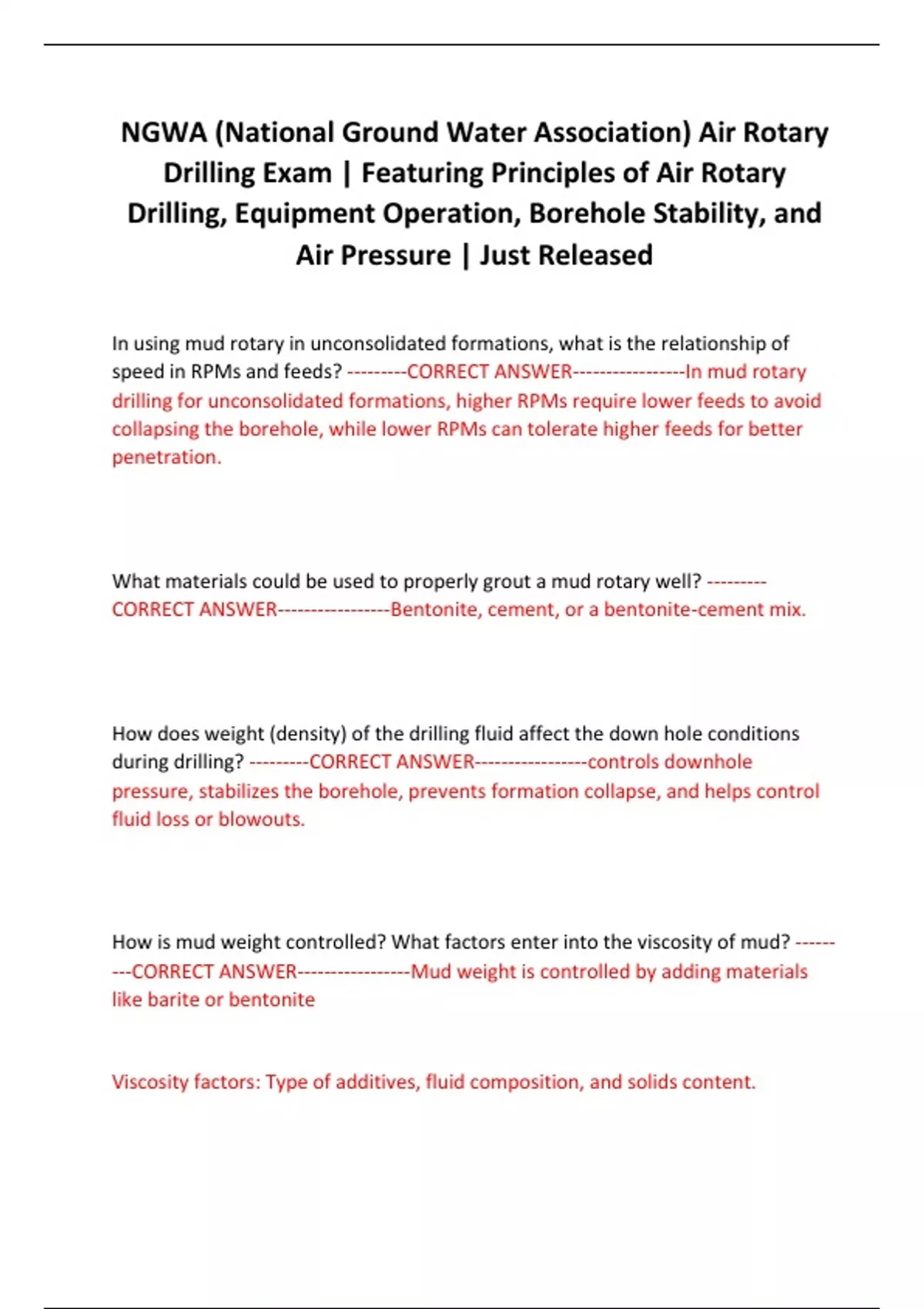 NGWA (National Ground Water Association) Air Rotary Drilling Exam ...