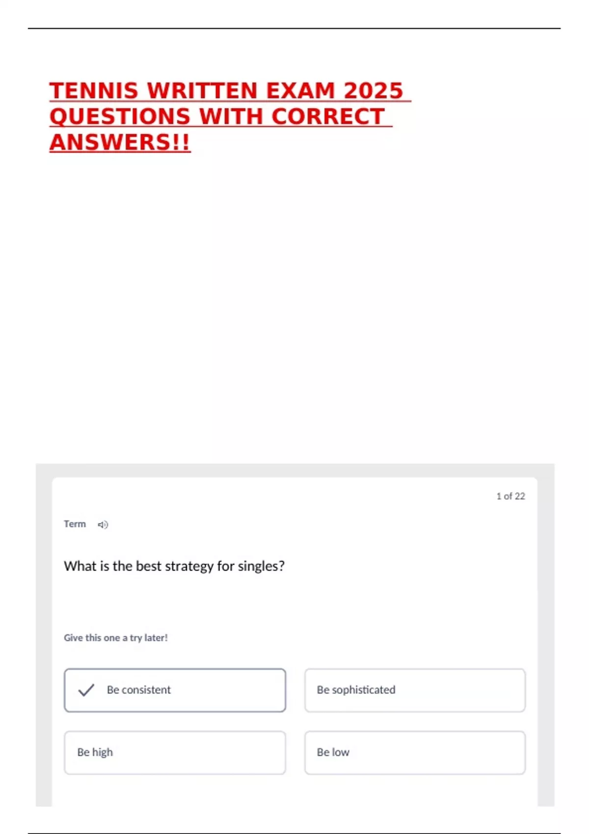 TENNIS WRITTEN EXAM 2025 QUESTIONS WITH CORRECT ANSWERS!! - TENNIS ...
