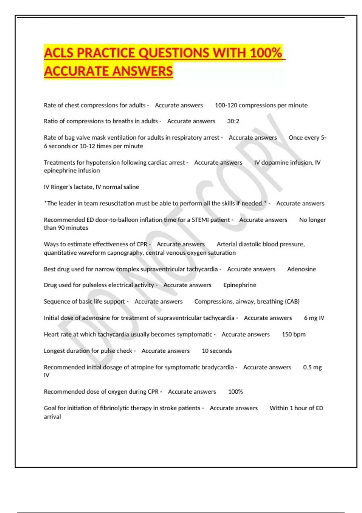 ACLS PRACTICE QUESTIONS WITH 100% ACCURATE ANSWERS - ACLS - Stuvia US