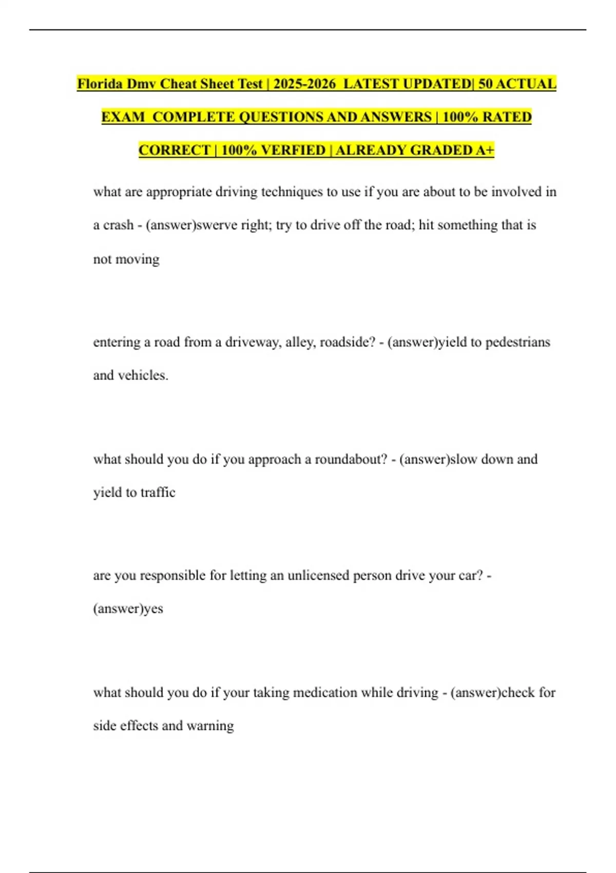 PACKAGE DEAL FOR Florida Dmv Cheat Sheet Test | LATEST UPDATED| ACTUAL ...