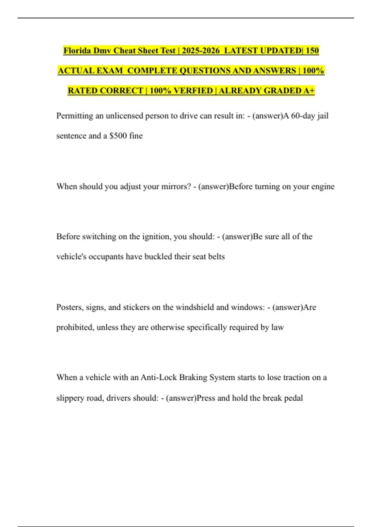 Florida Dmv Cheat Sheet Test | LATEST UPDATED| 150 ACTUAL EXAM COMPLETE ...