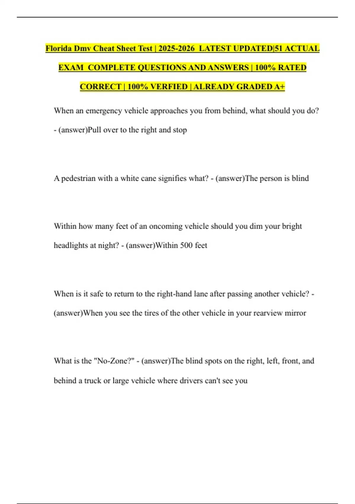 Florida Dmv Cheat Sheet Test | LATEST UPDATED|51 ACTUAL EXAM COMPLETE ...