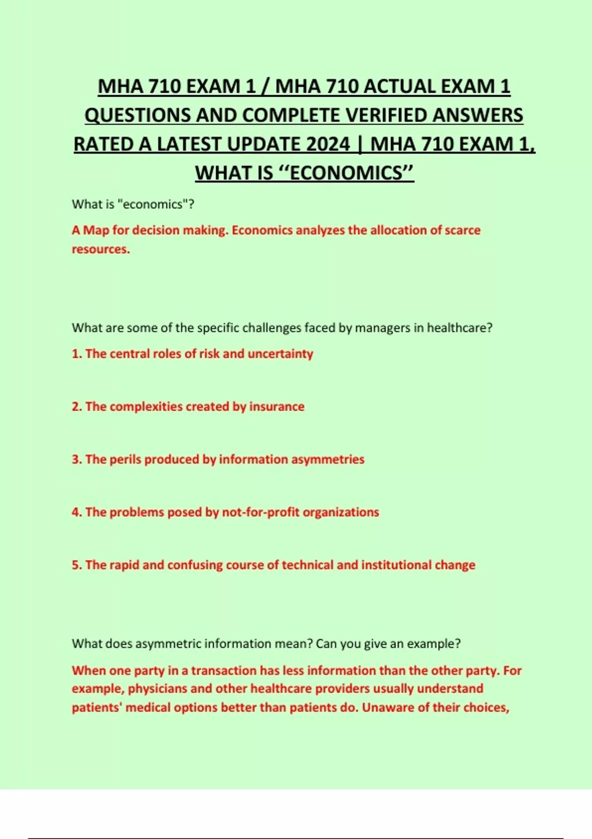 MHA 710 EXAM 1 / MHA 710 ACTUAL EXAM 1 QUESTIONS AND COMPLETE VERIFIED ...