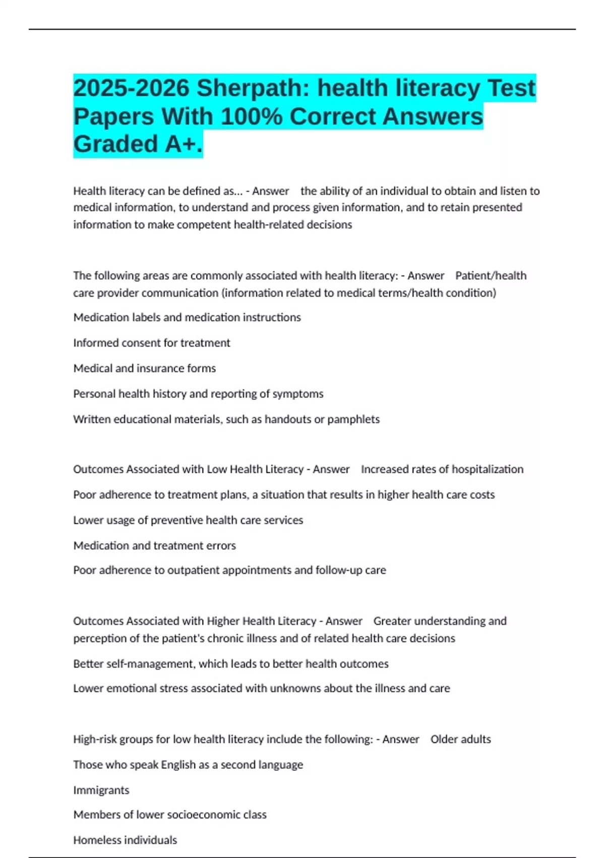 Sherpath: health literacy Test Papers With 100% Correct Answers Graded ...