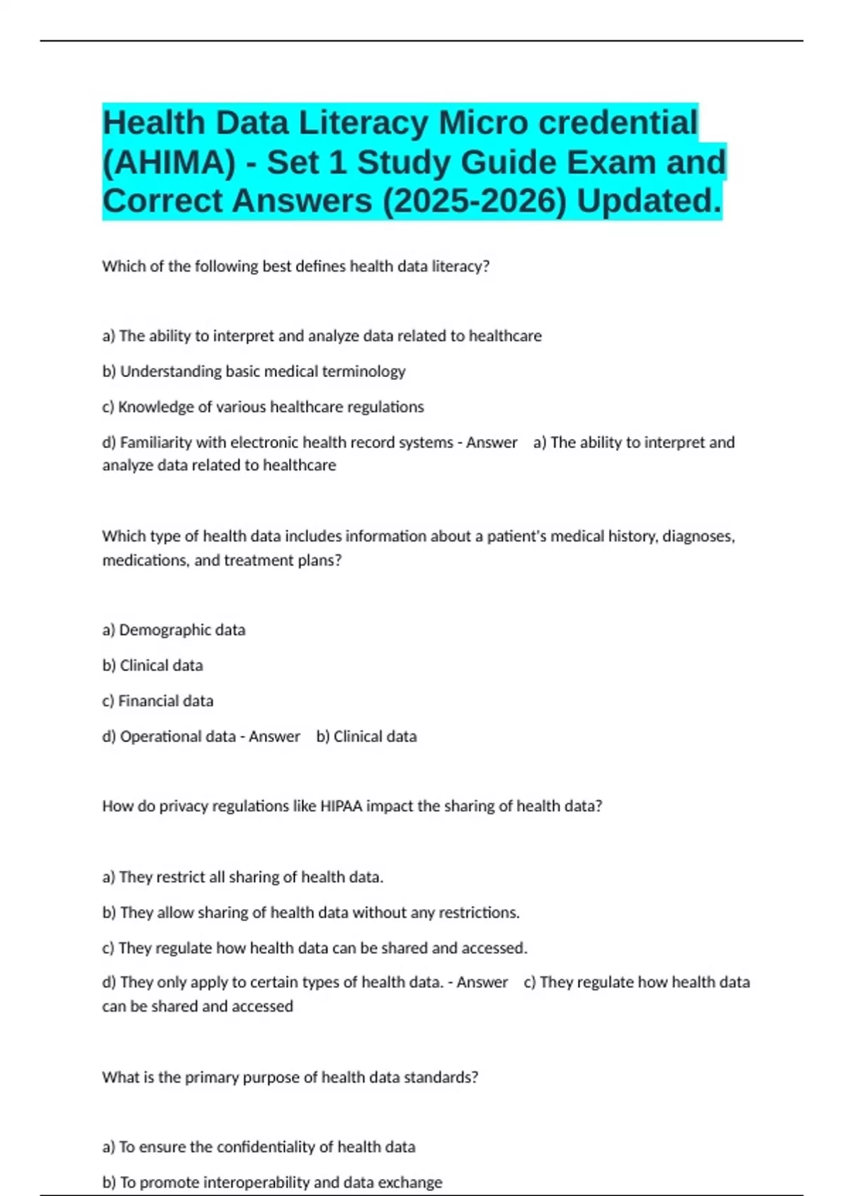 Health Data Literacy Micro credential (AHIMA) - Set 1 Study Guide Exam ...