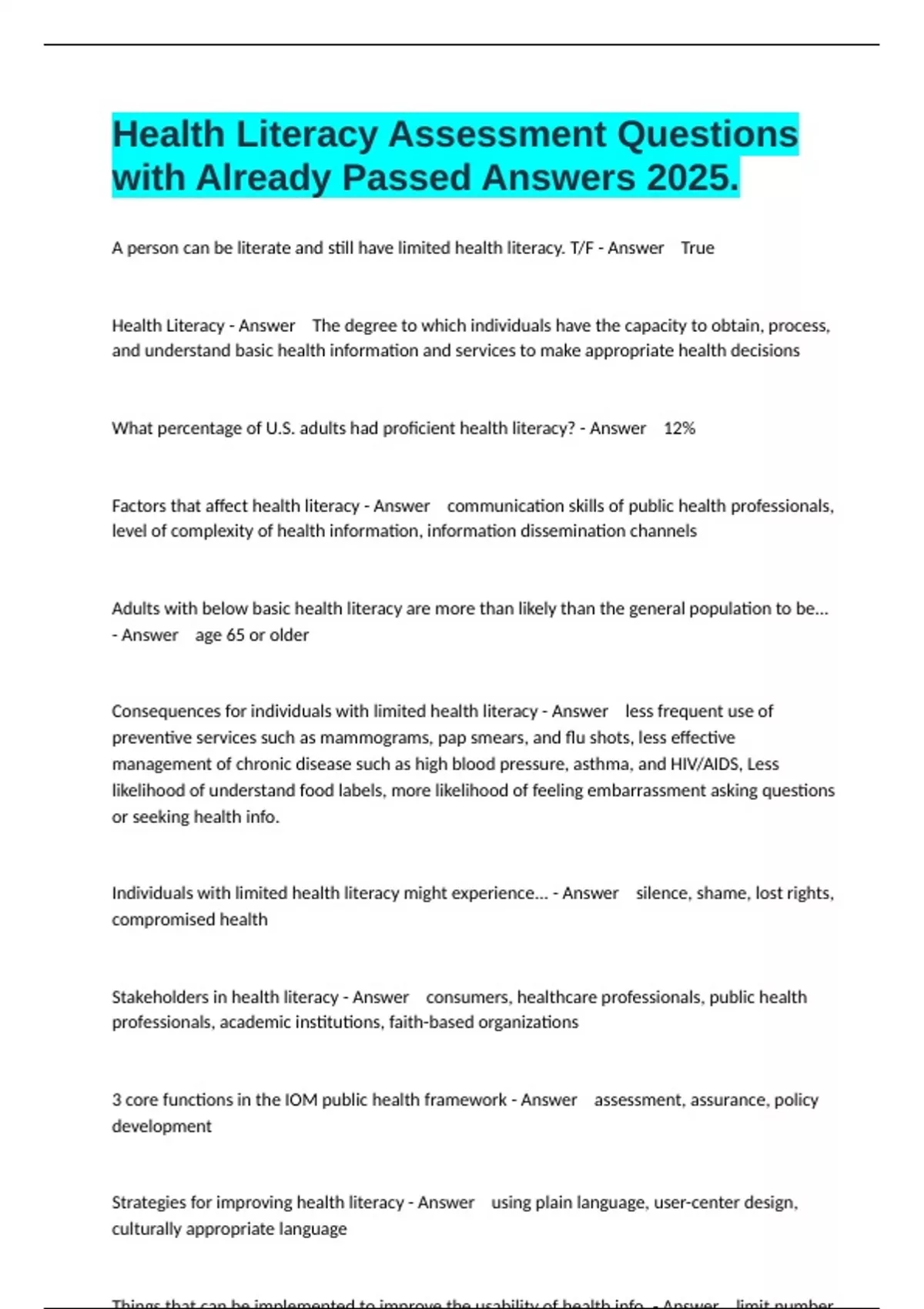 Health Literacy Assessment Questions with Already Passed Answers 2025 ...
