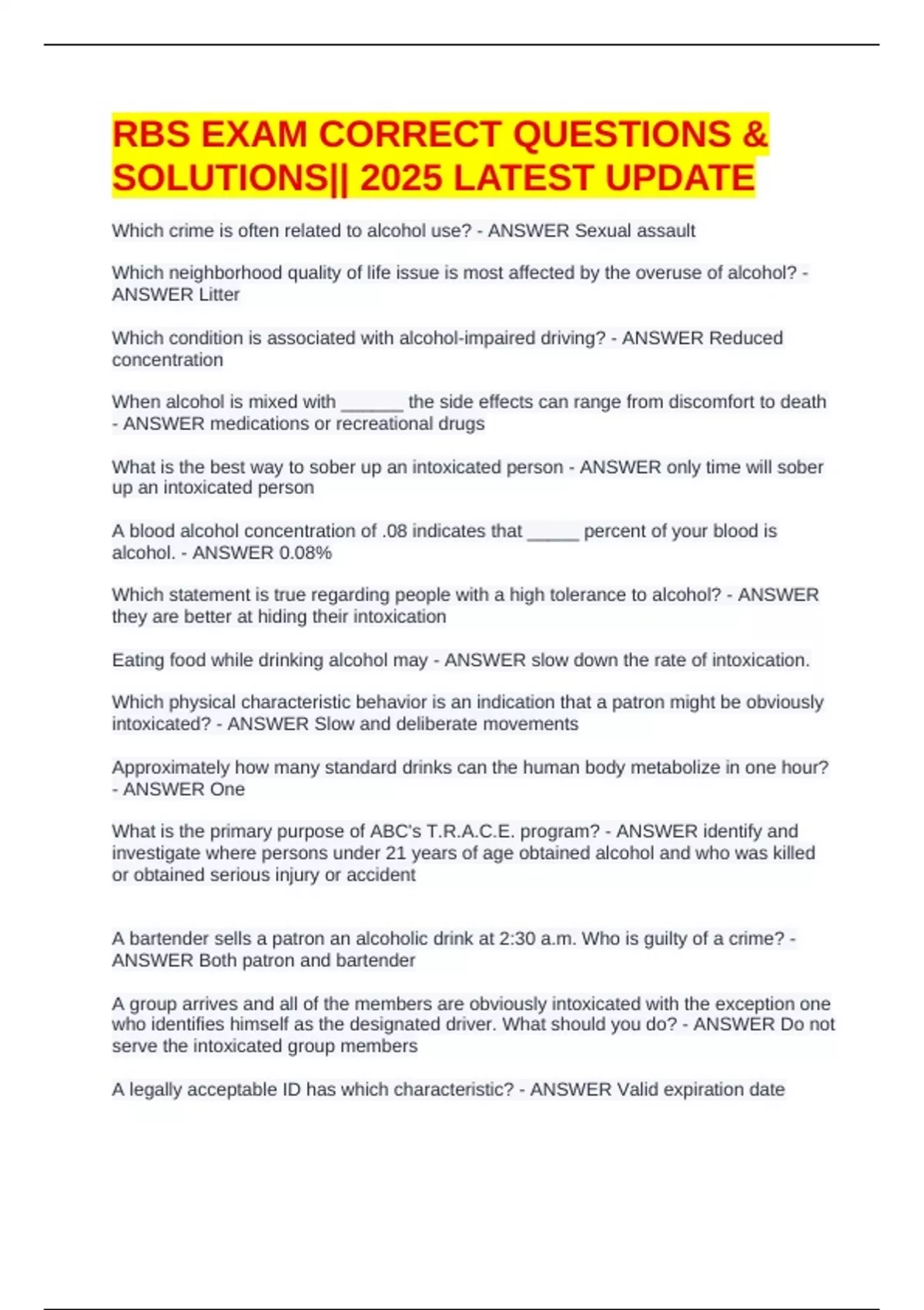 RBS EXAM CORRECT QUESTIONS & SOLUTIONS|| 2025 LATEST UPDATE - RBS ...