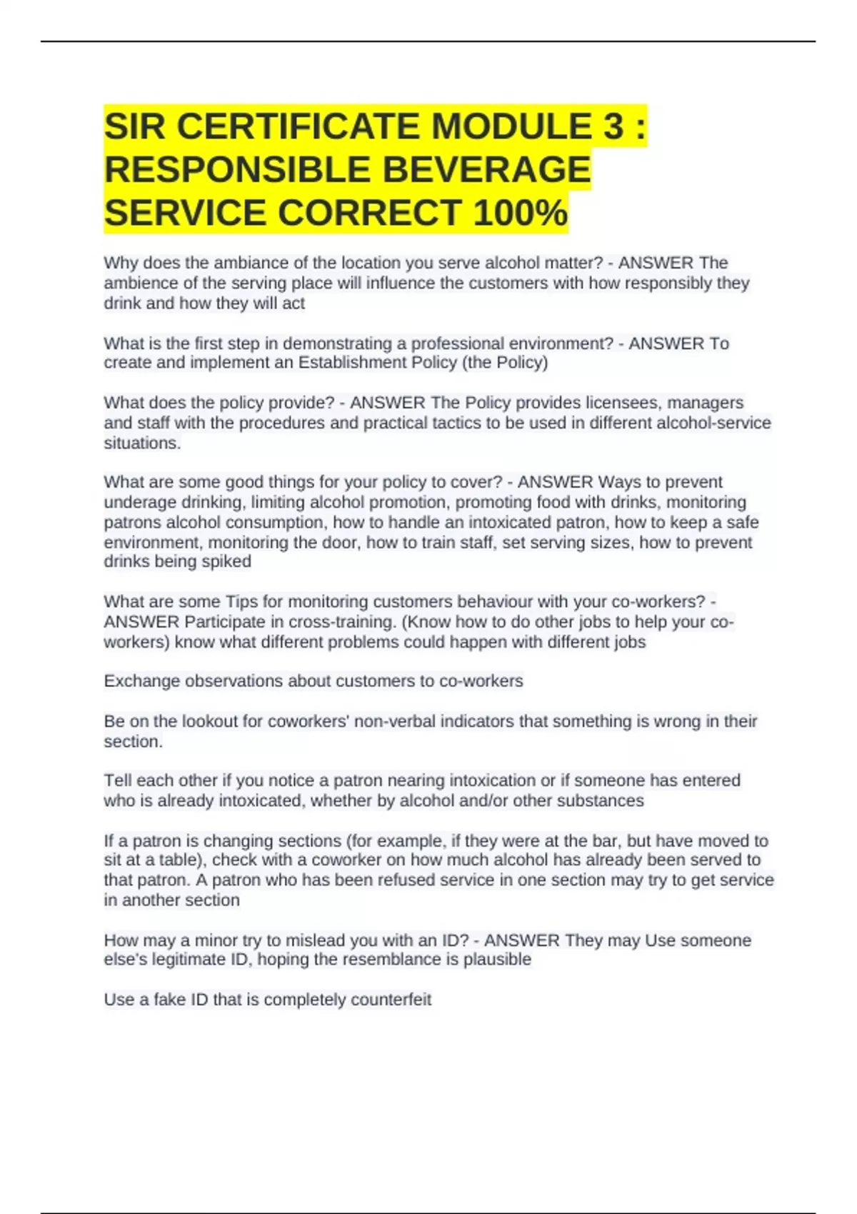 SIR CERTIFICATE MODULE 3 : RESPONSIBLE BEVERAGE SERVICE CORRECT 100% ...