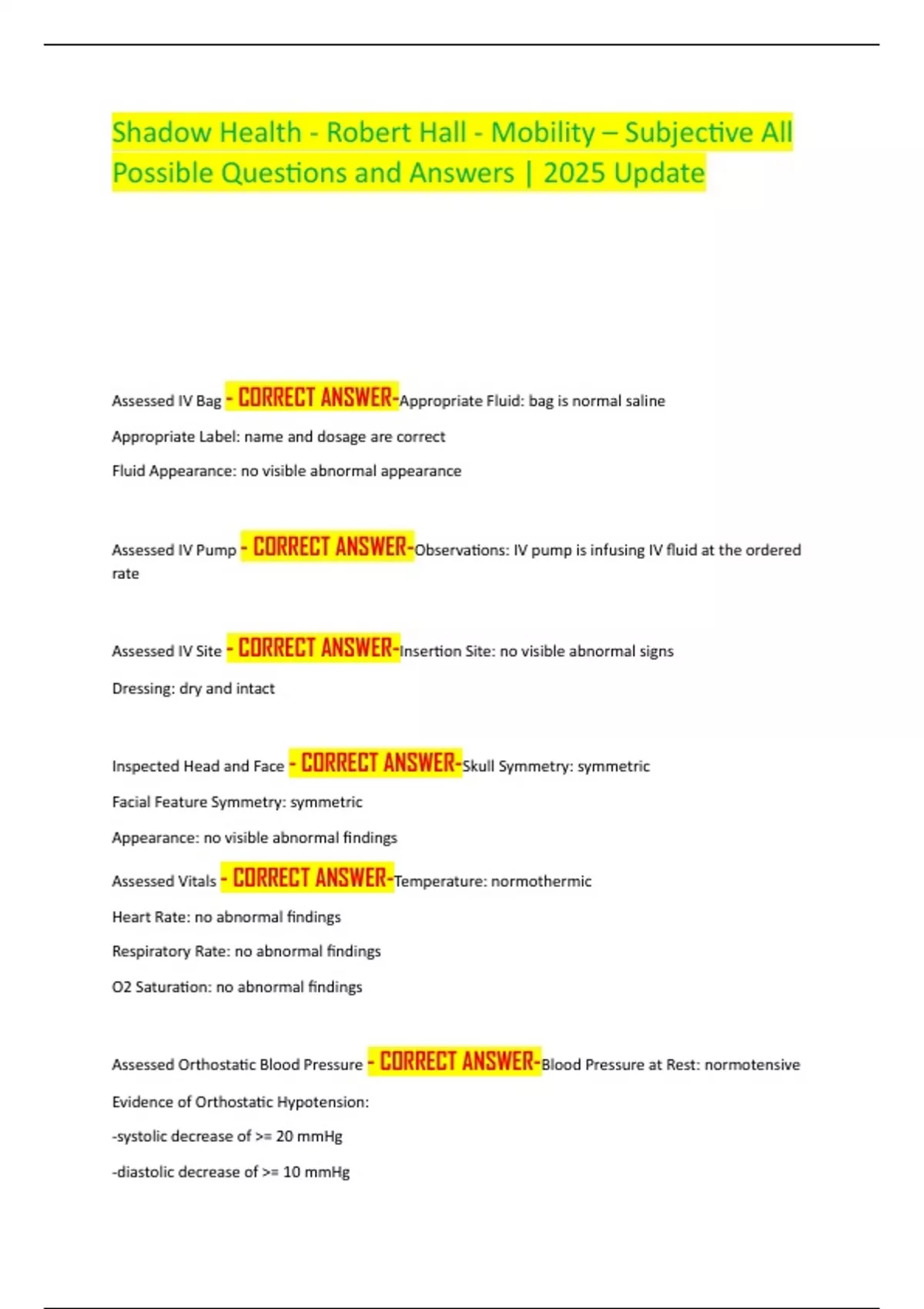 Shadow Health - Robert Hall - Mobility – Subjective All Possible ...