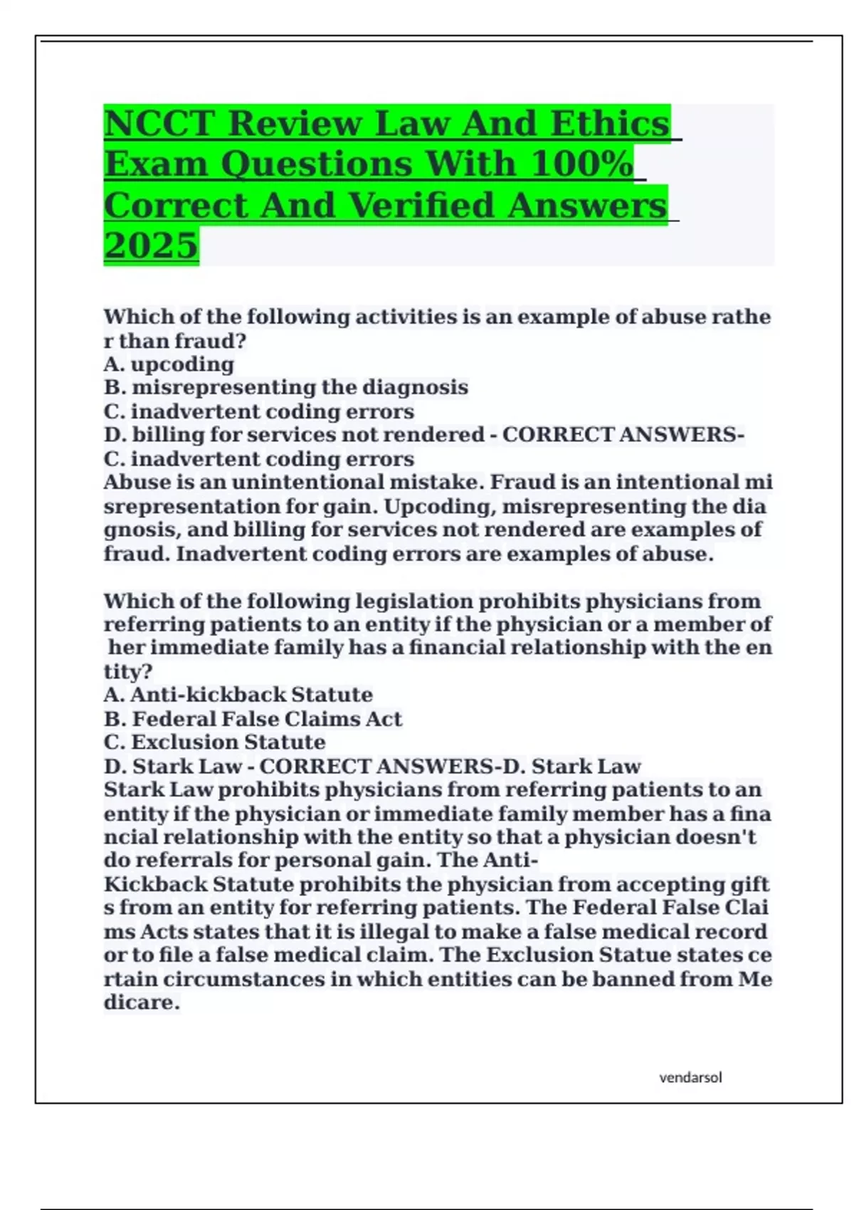 NCCT Review Law And Ethics Exam Questions With 100% Correct And ...