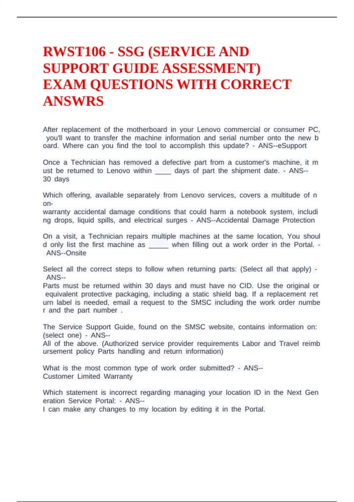 RWST106 - SSG (SERVICE AND SUPPORT GUIDE ASSESSMENT) EXAM QUESTIONS ...