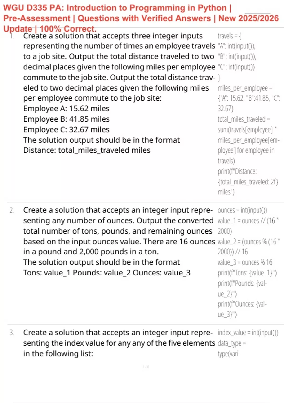 WGU D335 PA: Introduction to Programming in Python | Pre-Assessment | Questions with Verified ...