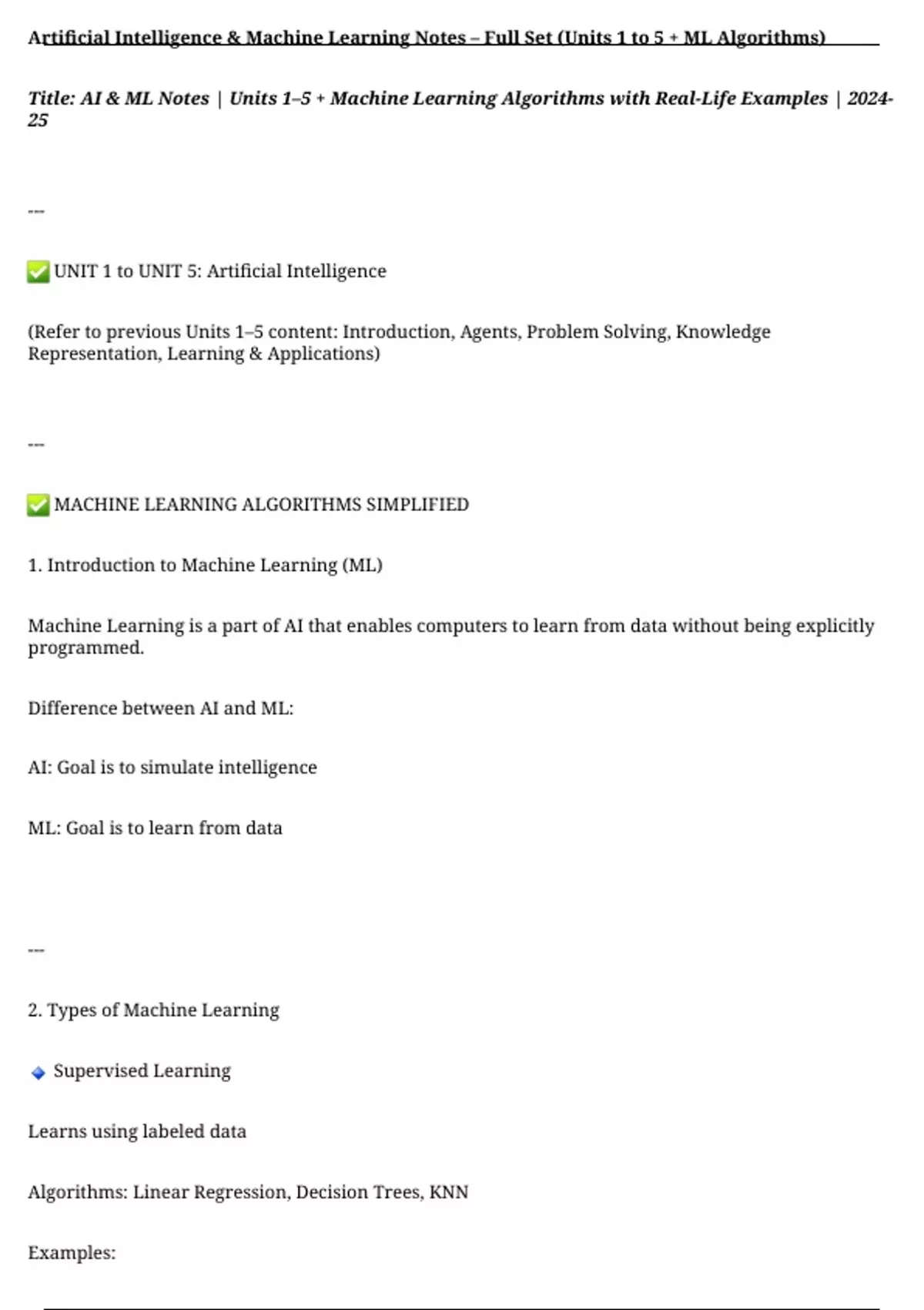 Machine Learning Algorithms Simplified | Easy Notes with Real-Life ...