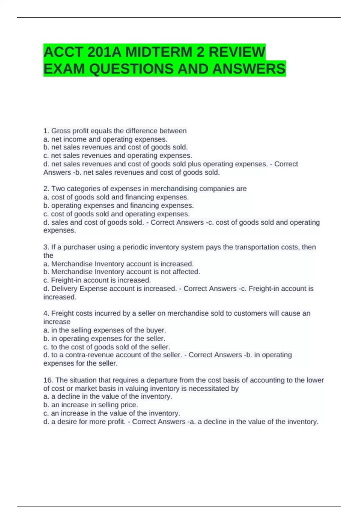 ACCT 201A MIDTERM 2 REVIEW EXAM QUESTIONS AND ANSWERS - ACCT 201A CSUF ...