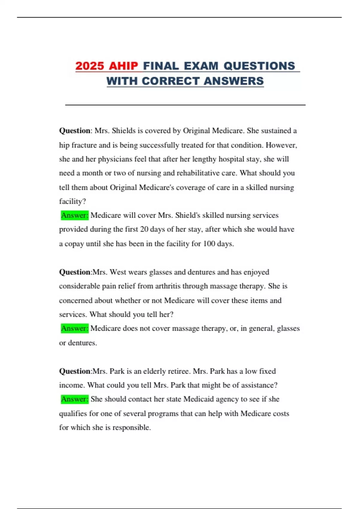 2025 AHIP Final Exam | Complete Question and Answer Set for Medicare ...