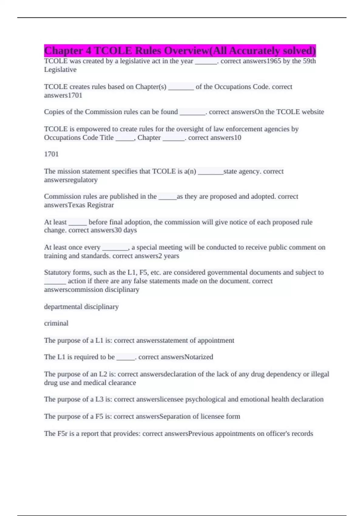 Chapter 4 TCOLE Rules Overview(All Accurately solved) - TCOLE - Stuvia US