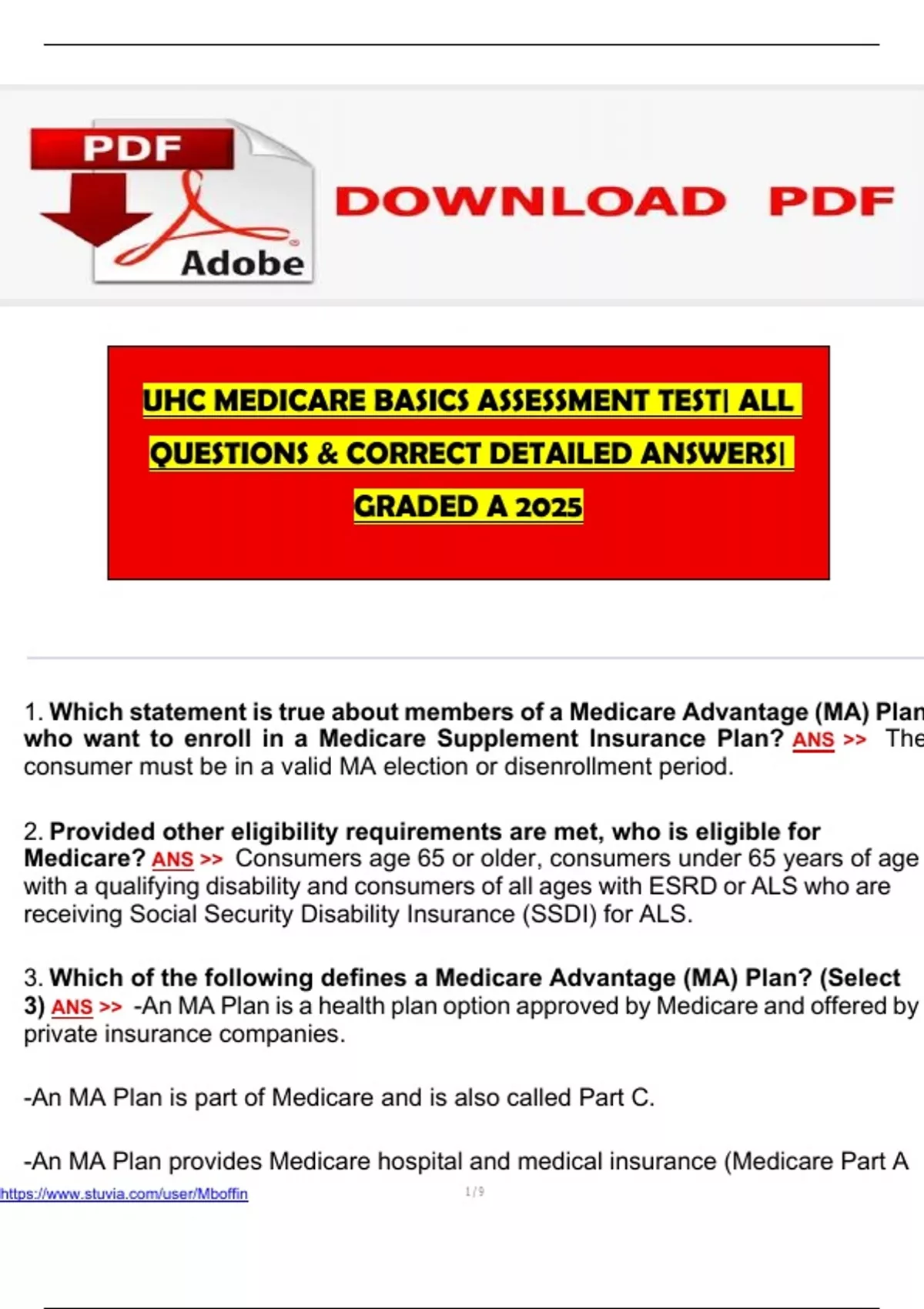 STUDY BUNDLE[2025] UHC MEDICARE BASICS ASSESSMENT TEST, UHC MEDICARE ...