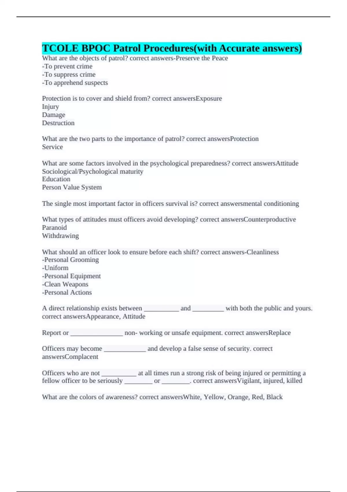 TCOLE BPOC Patrol Procedures(with Accurate answers) - TCOLE BPOC ...