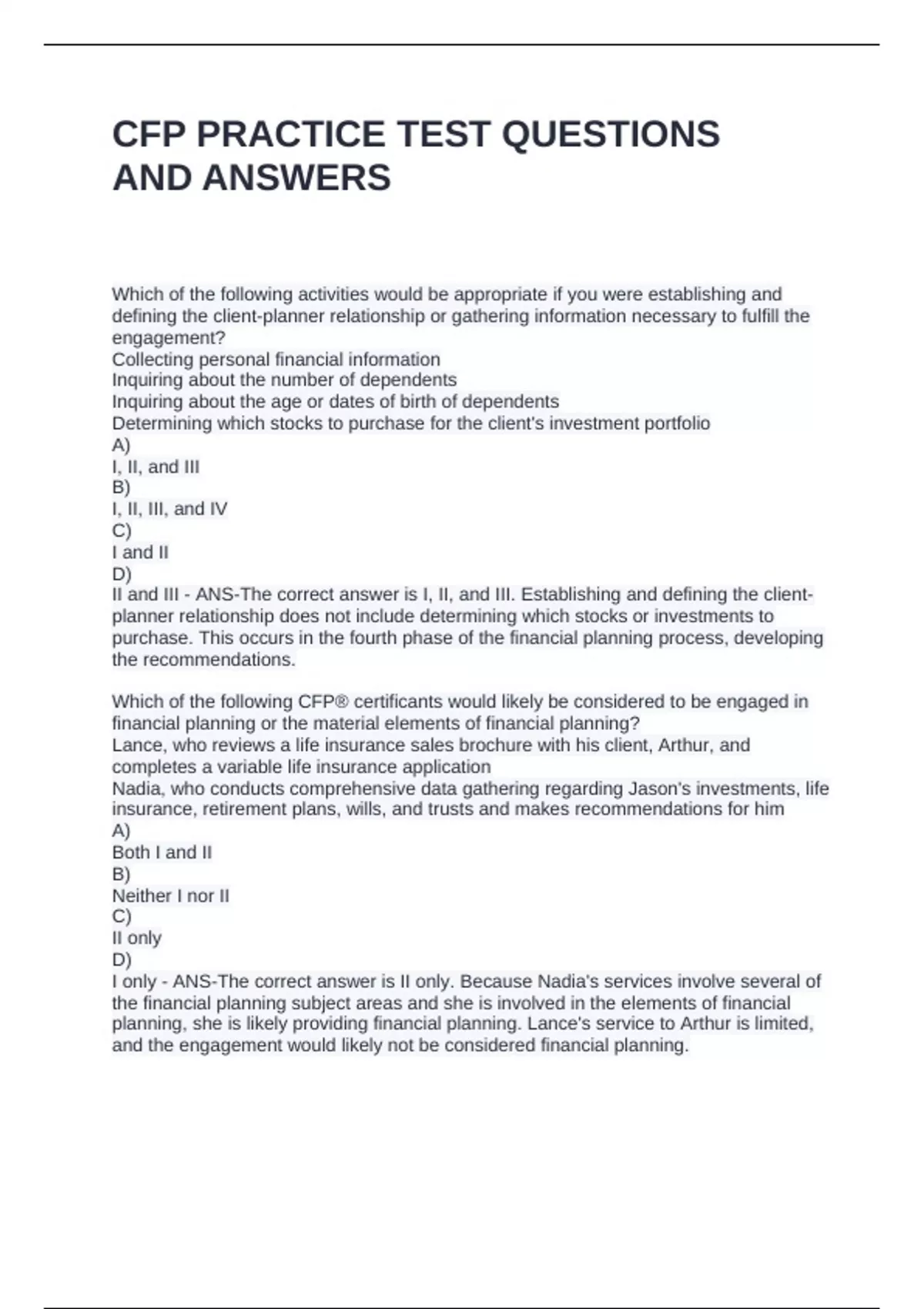 CFP PRACTICE TEST QUESTIONS AND ANSWERS - CFP - Certified Financial ...