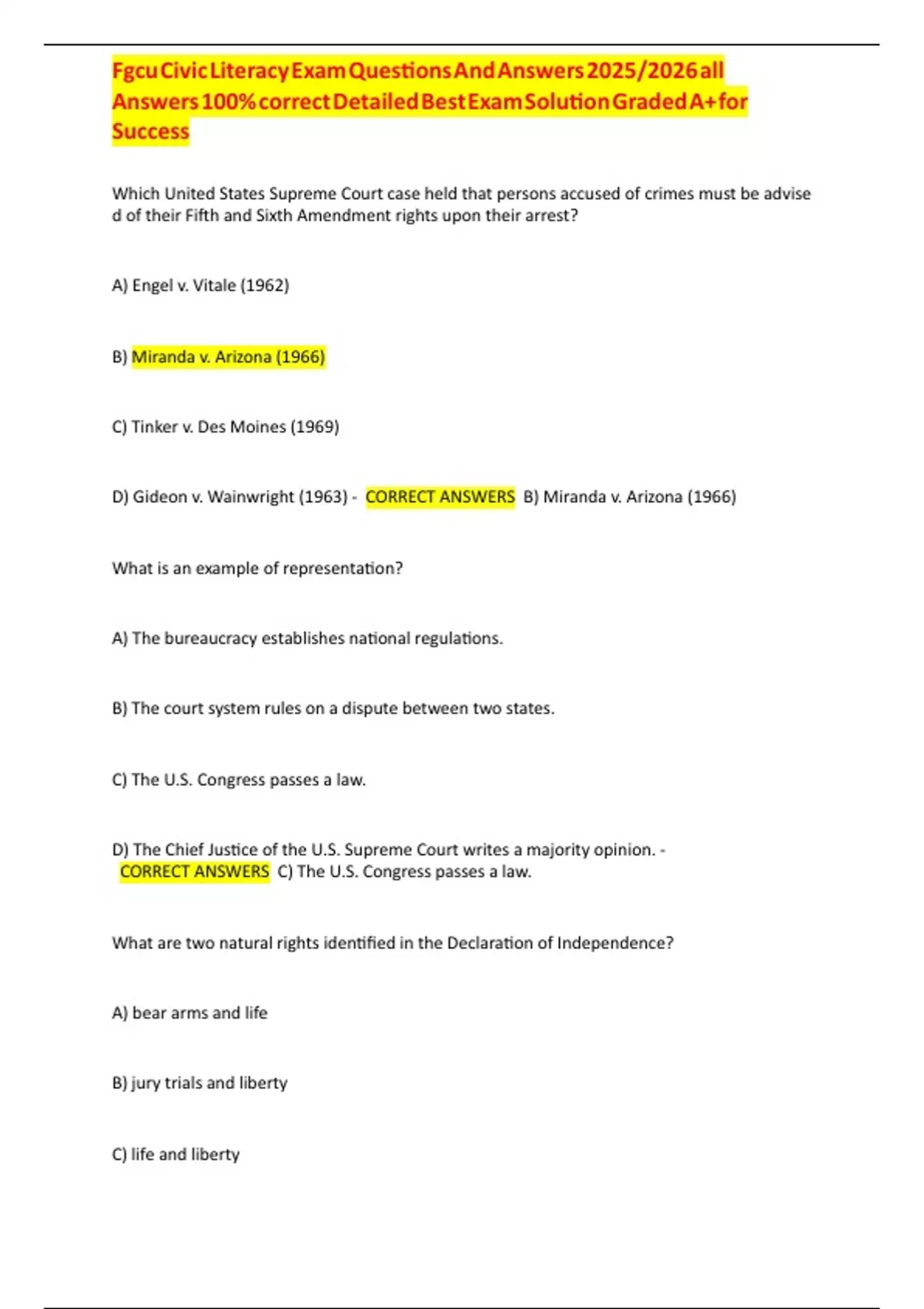 Fgcu Civic Literacy Exam Questions And Answers all Answers 100% correct ...