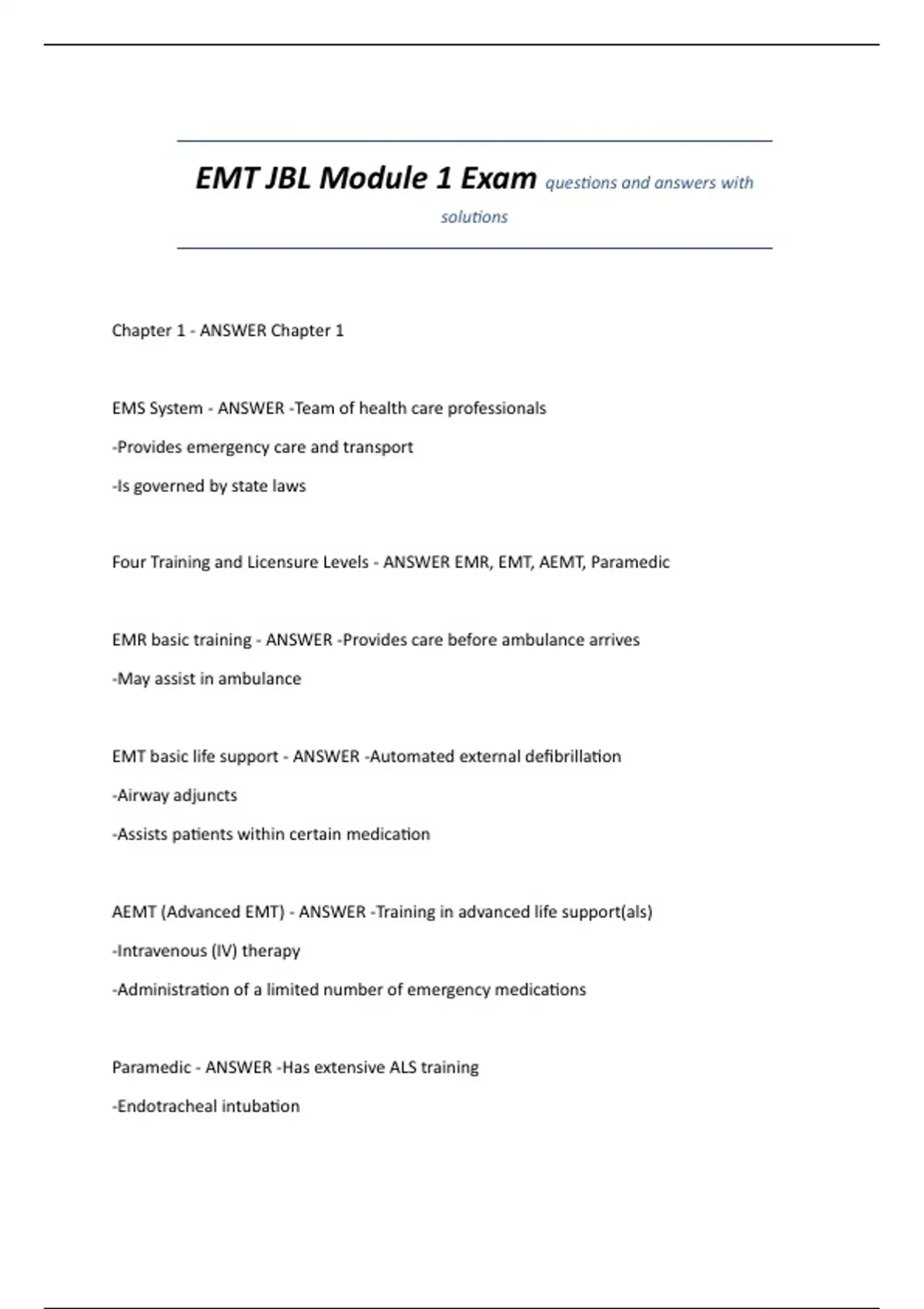 EMT JBL ( MODULE 1 - 6 ) PRACTICE EXAM | NEW FULL EXAM QUESTIONS AND ...