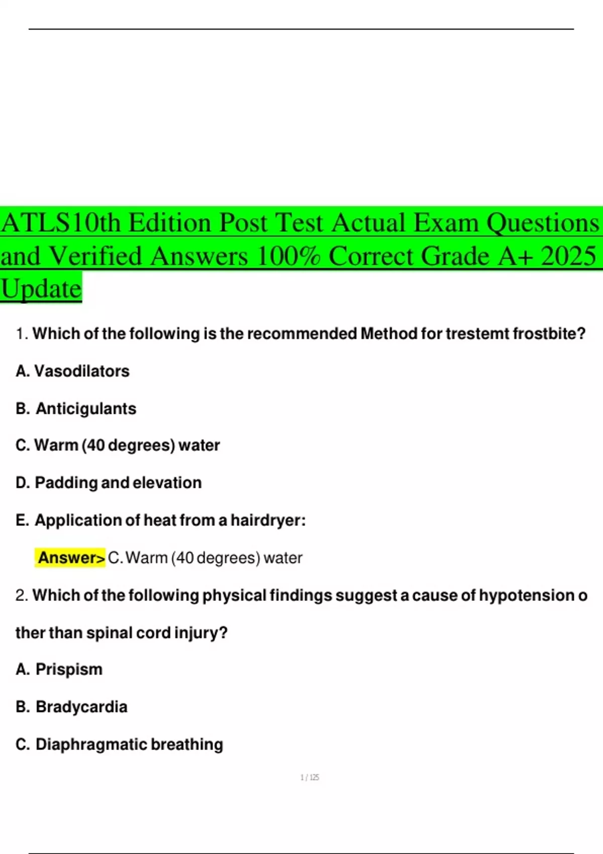 ATLS10th Edition Post Test Actual Exam Questions and Verified Answers ...