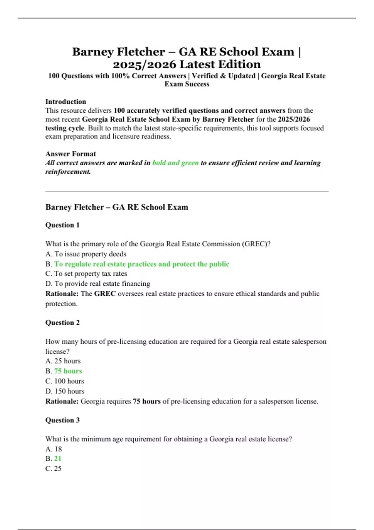 Barney Fletcher – GA RE School Exam | 2025/2026 | 100 Verified ...