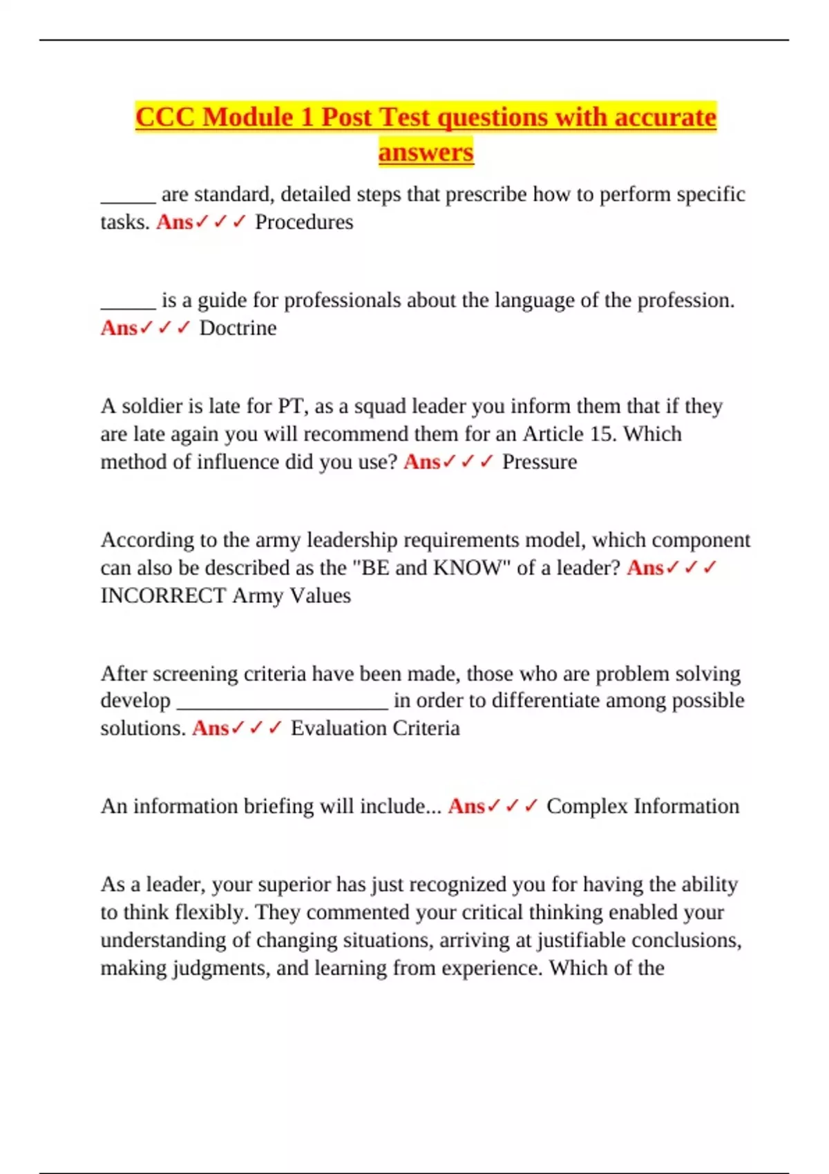CCC Module 1 Post Test questions with accurate answers. - CCC1 - Stuvia US