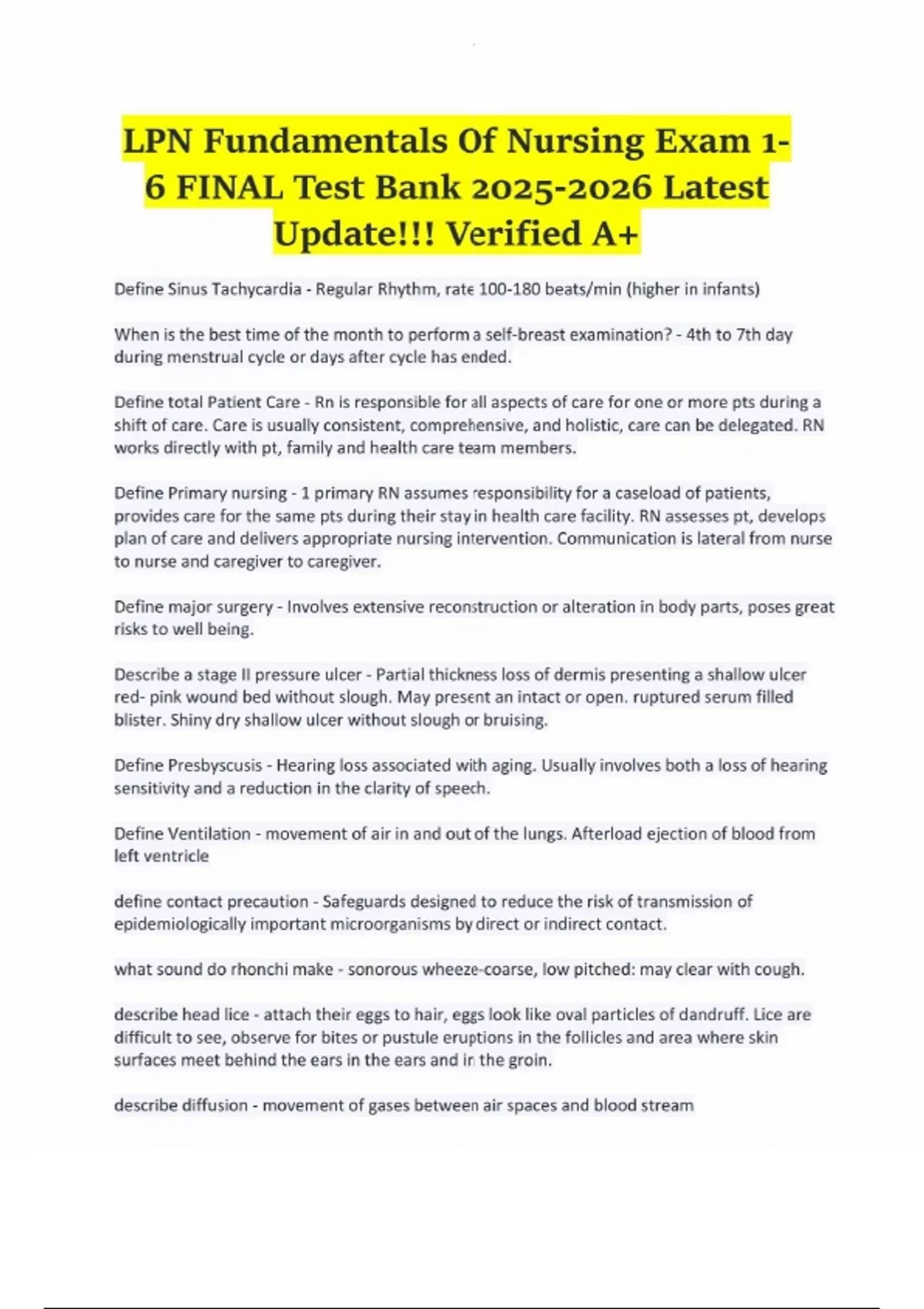 LPN Fundamentals Of Nursing Exam 1-6 FINAL Test Bank Latest Update ...