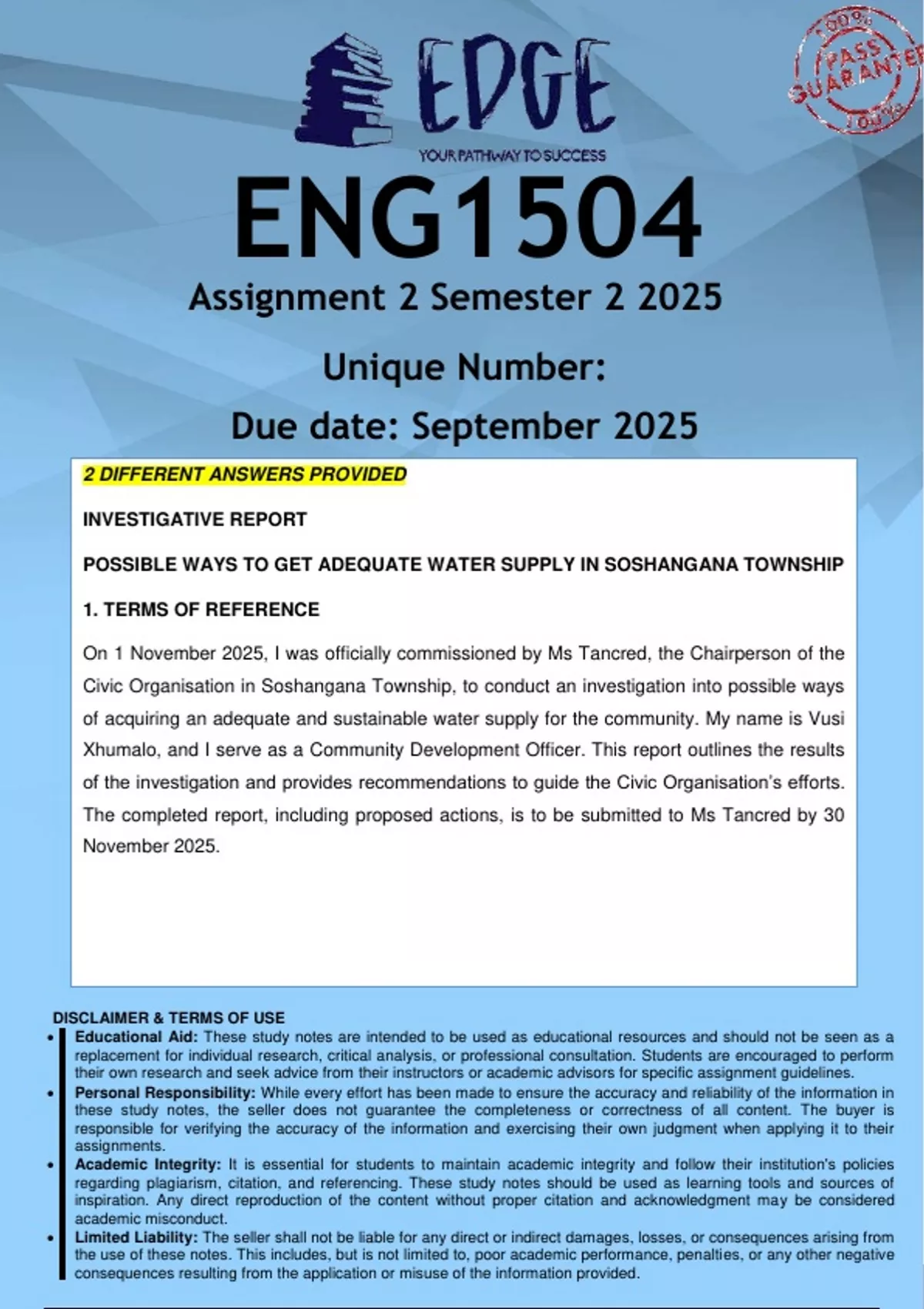 ENG1504 Assignment 2 (ANSWERS) Semester 2 2025 - DISTINCTION GUARANTEED ...