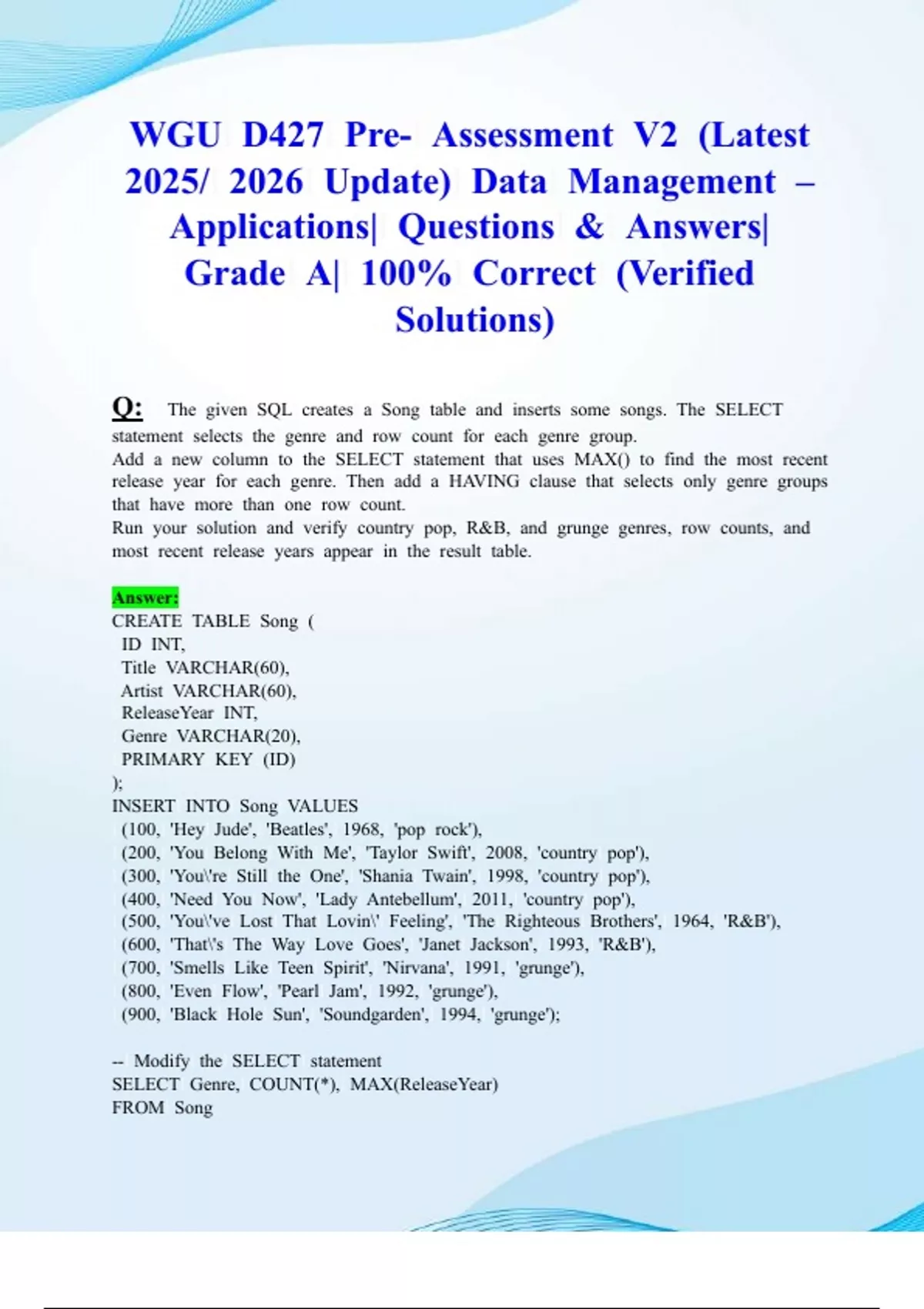 WGU D427 Pre- Assessment V2 (Latest 2025/ 2026 Update) Data Management ...