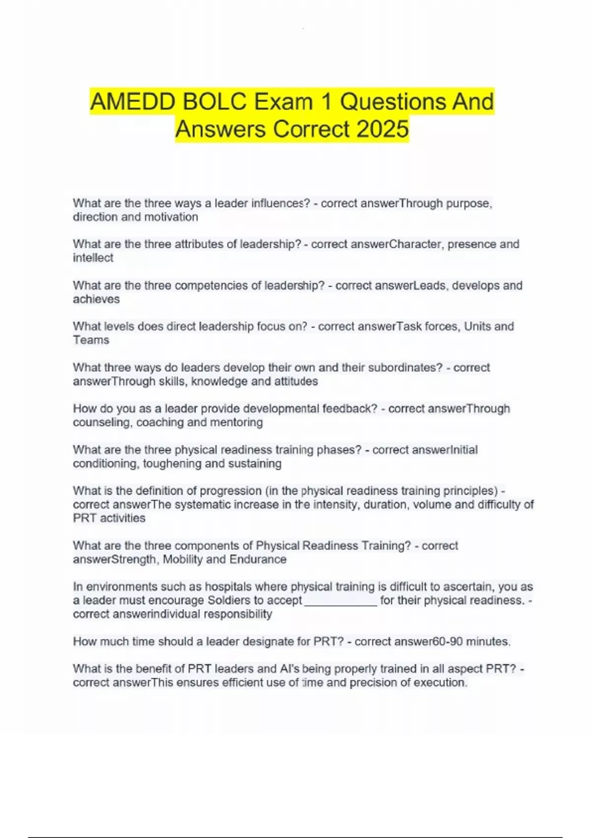 AMEDD BOLC Exam 1 Questions And Answers Correct 2025 - AMEDD BOLC ...
