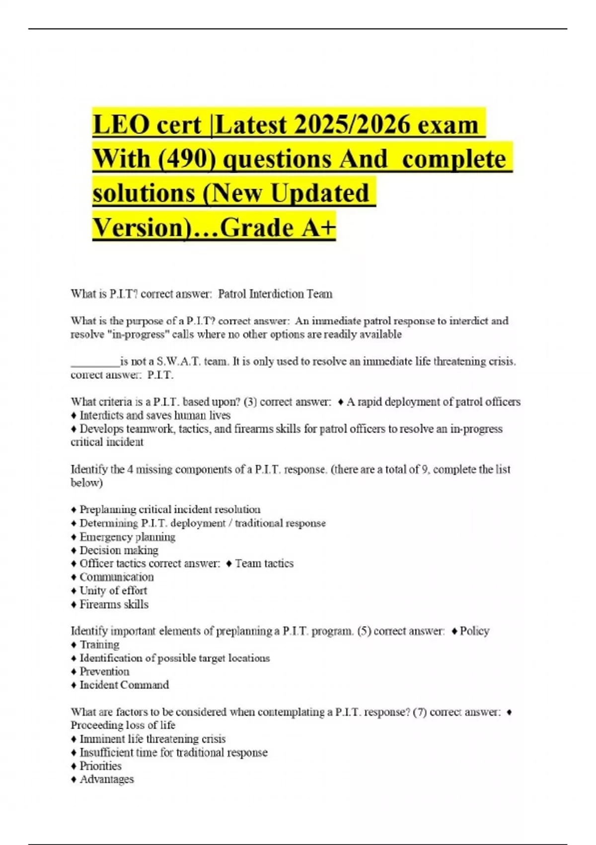 LEO cert |Latest 2025/2026 exam With (490) questions And complete ...