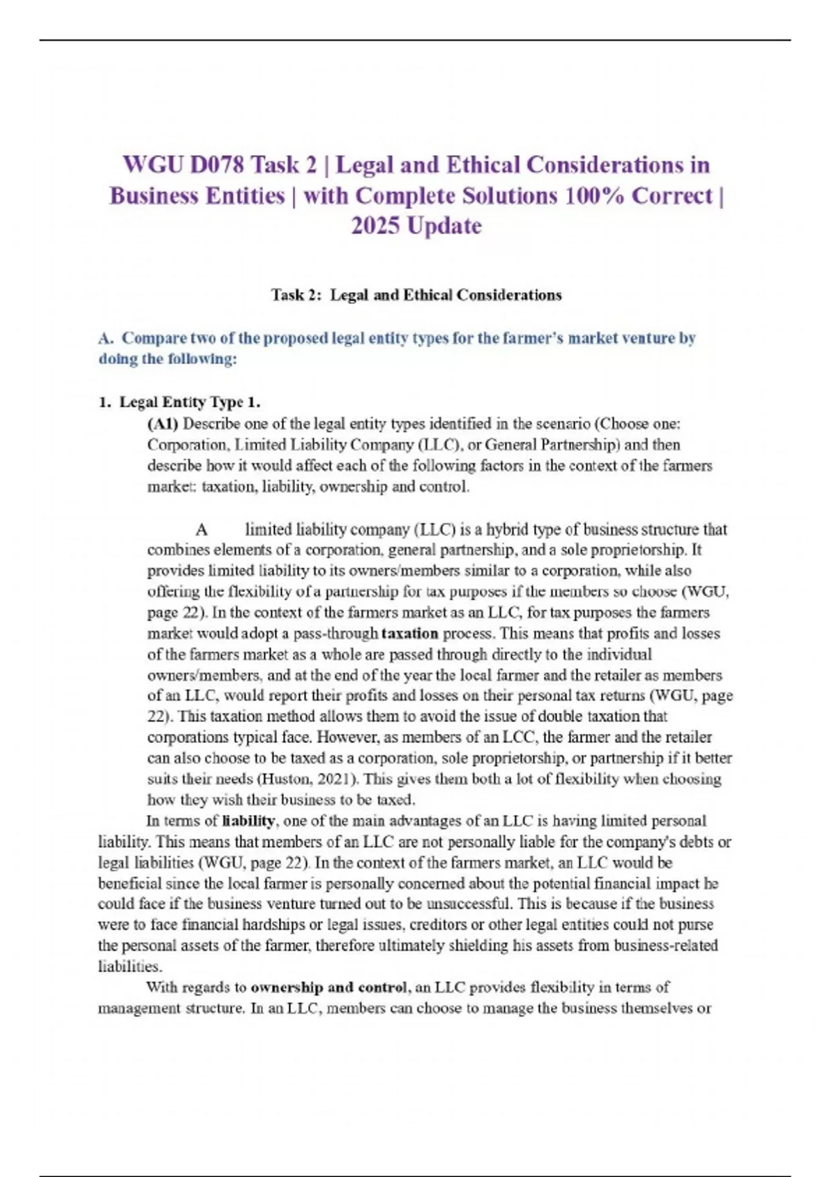 WGU D078 Task 2 | Legal and Ethical Considerations in Business Entities ...
